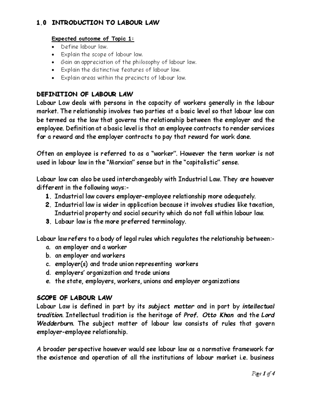 Labour Law- Topic 1. Introduction TO Labour LAW - 1 INTRODUCTION TO ...