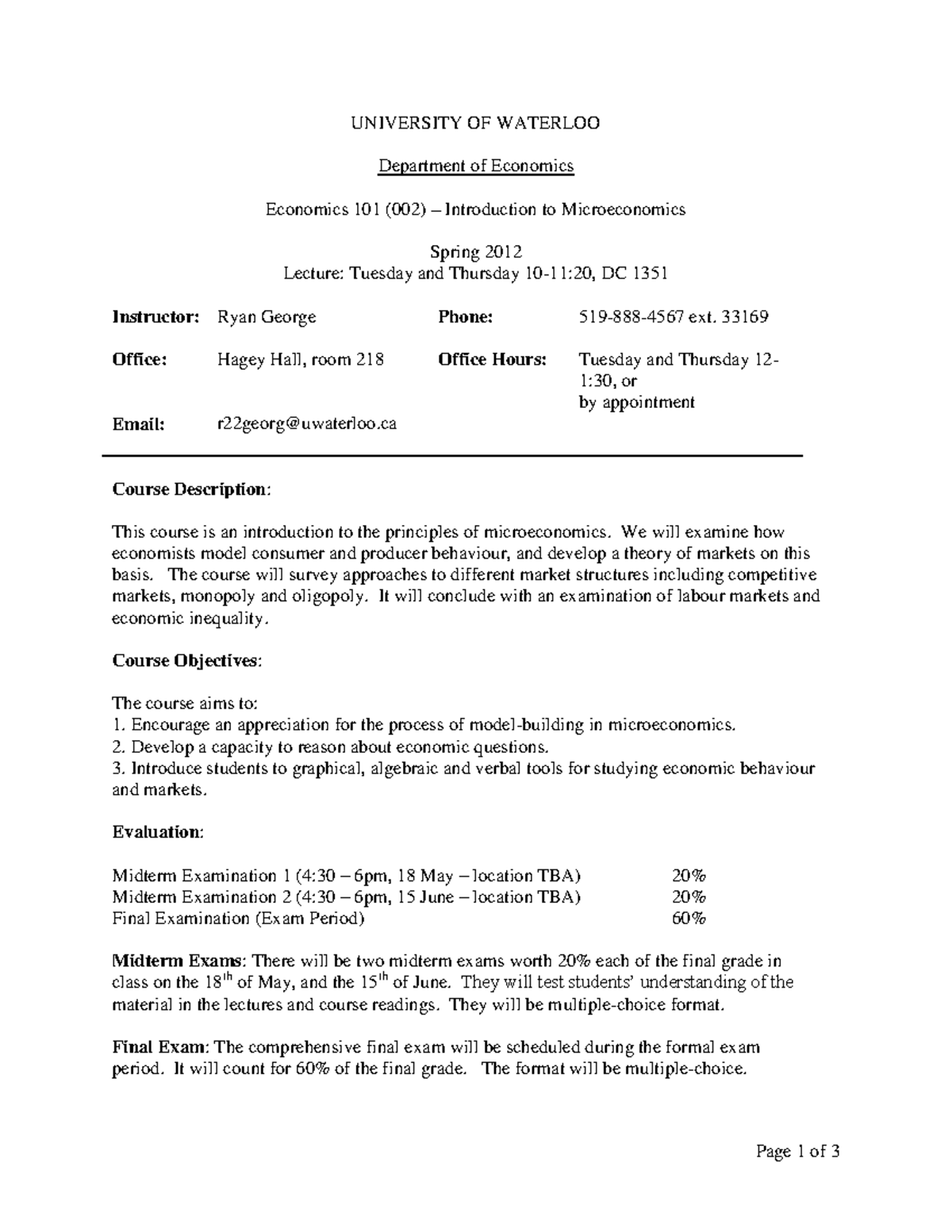 ECON 101 course outline - Page 1 of 3 UNIVERSITY OF WATERLOO Department ...