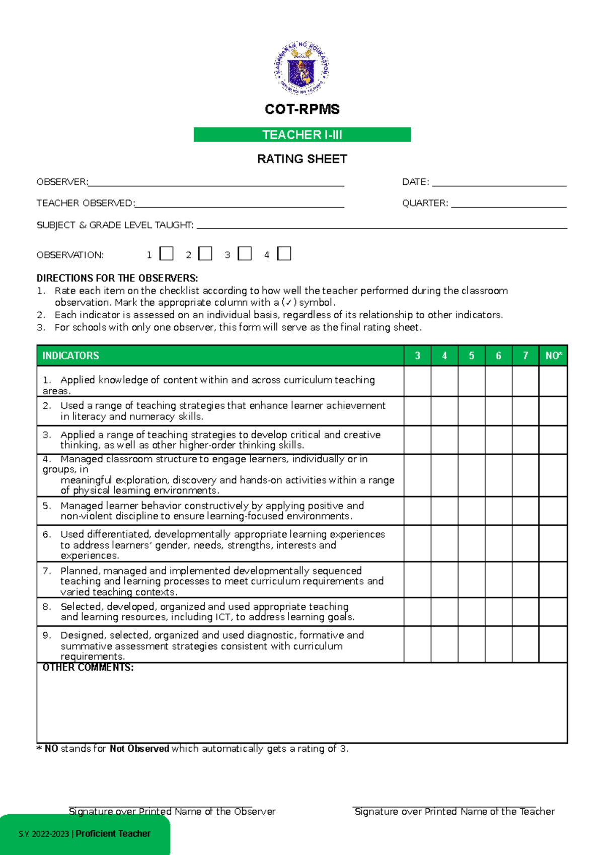  Appendix C 02 COT RPMS Rating Sheet For T I III For SY 2022 2023 S