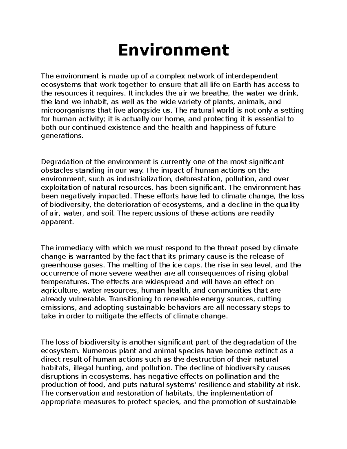 Environment (Essay) - Environment The environment is made up of a ...