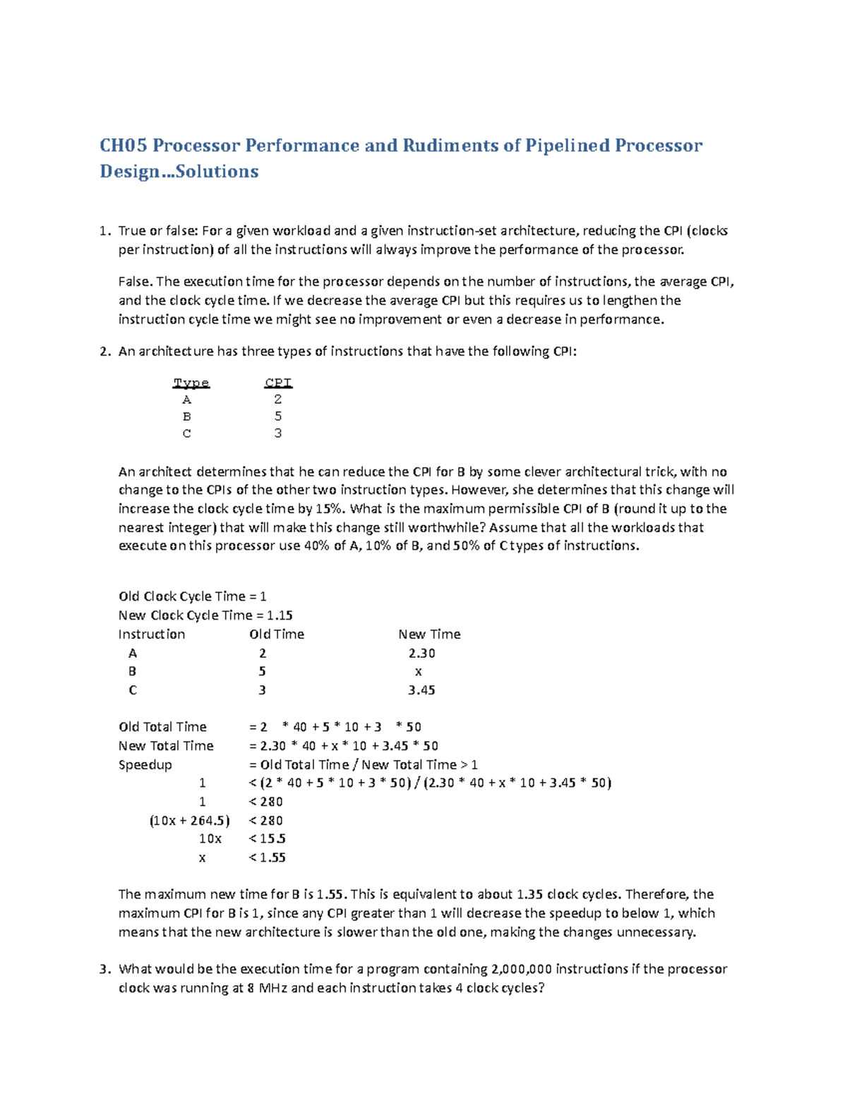 Ch05 Processor Performance And Rudiments Of Pipelined Processor Design Solutions True Or