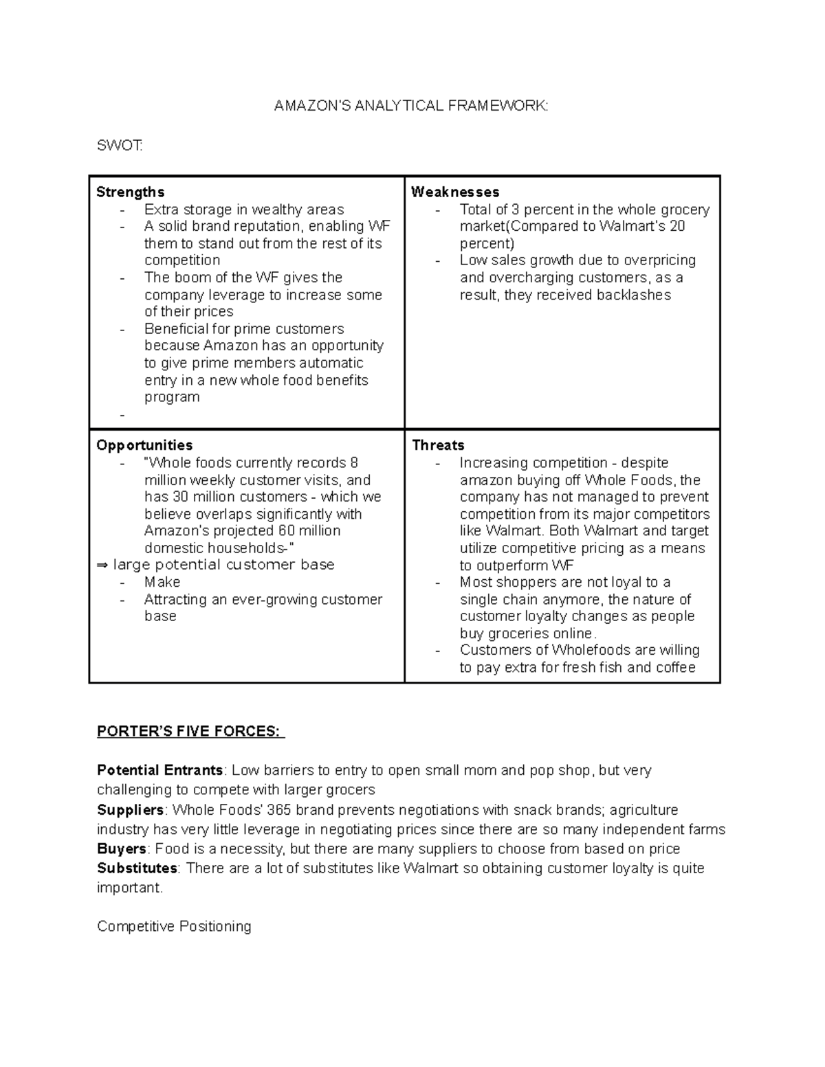 Amazon s Analytical Frameworks - AMAZON’S ANALYTICAL FRAMEWORK: SWOT ...