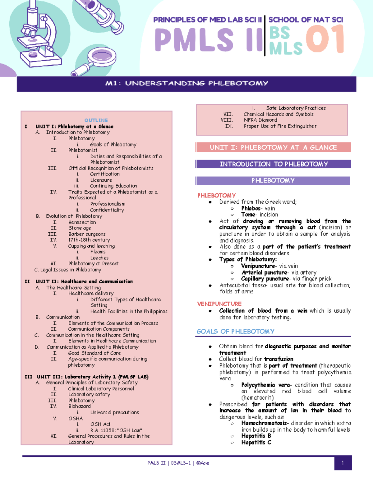 PMLS II M11 Notes - Do ur best - OUTLINE I UNIT I: Phlebotomy at a ...
