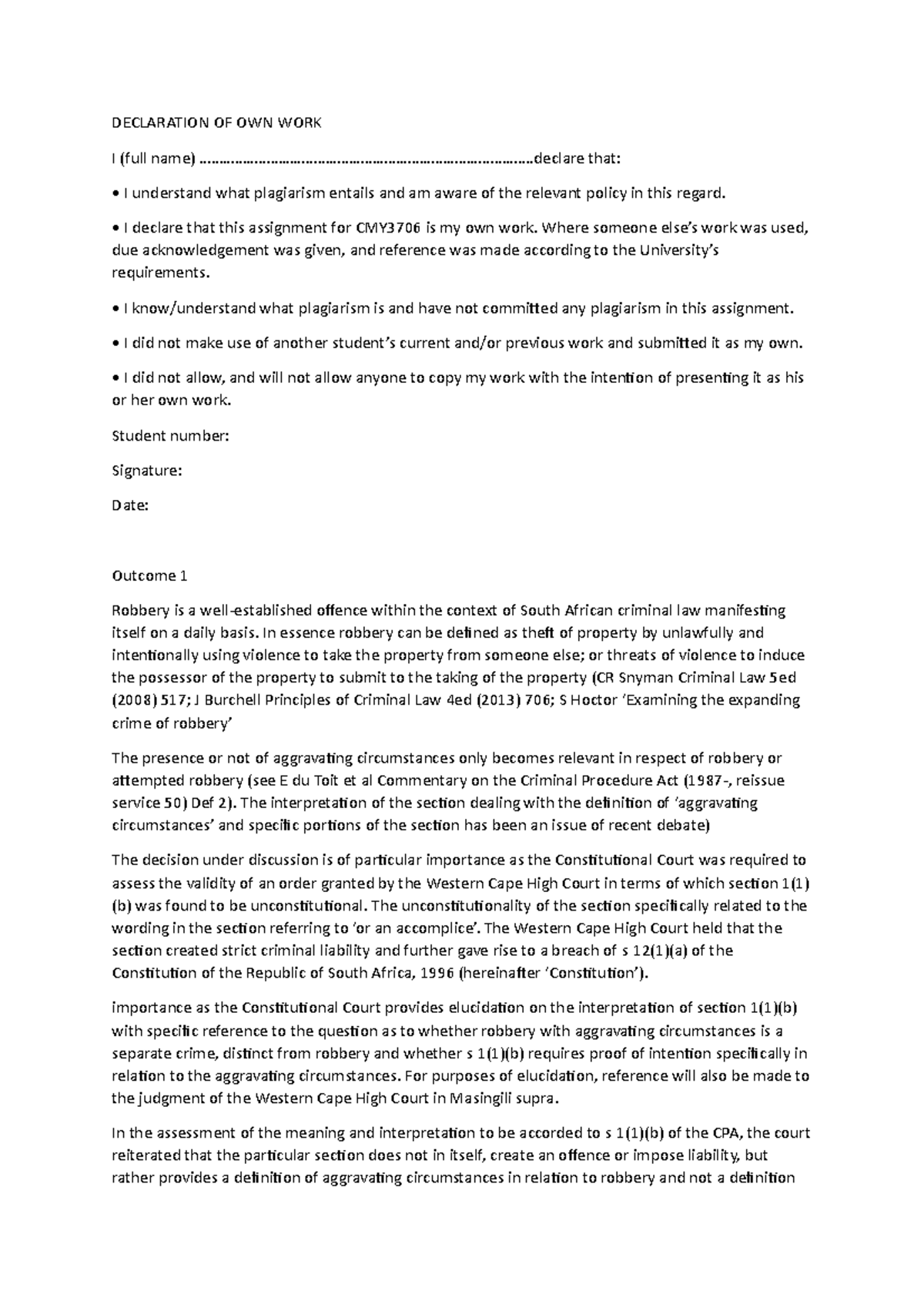 CMY3706 - good - DECLARATION OF OWN WORK I (full name) - Studocu