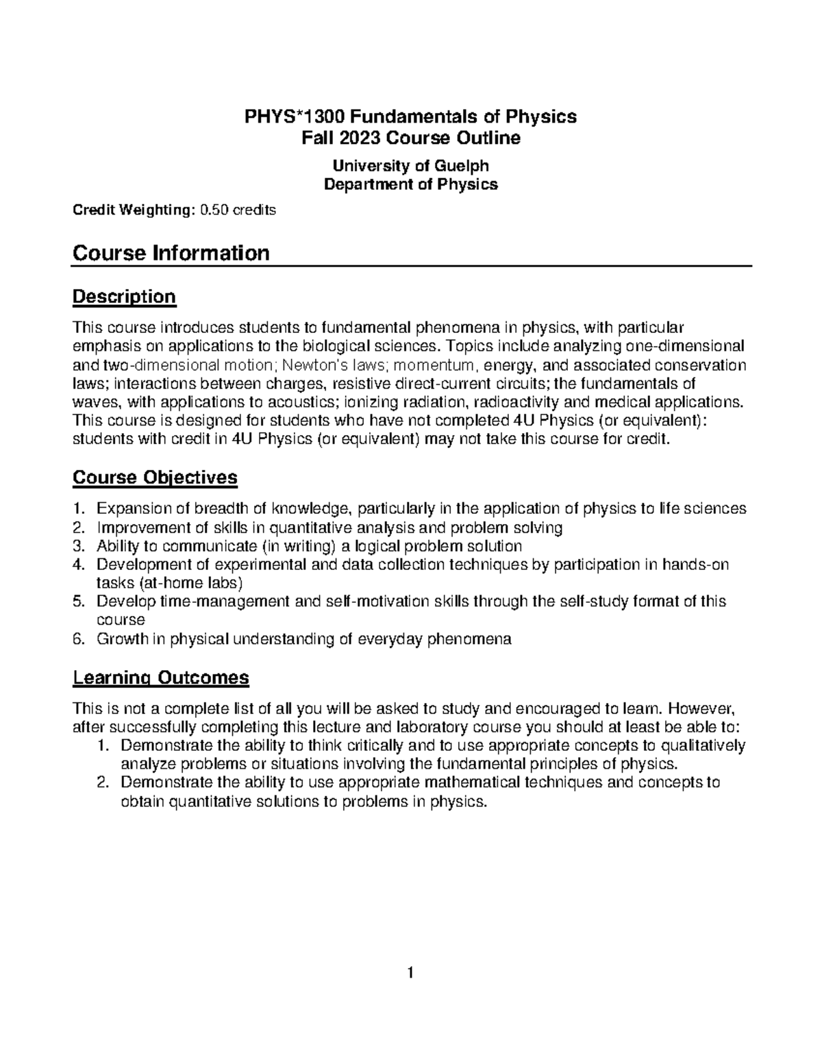 PHYS1300 F23 outline final - PHYS*1300 Fundamentals of Physics Fall ...