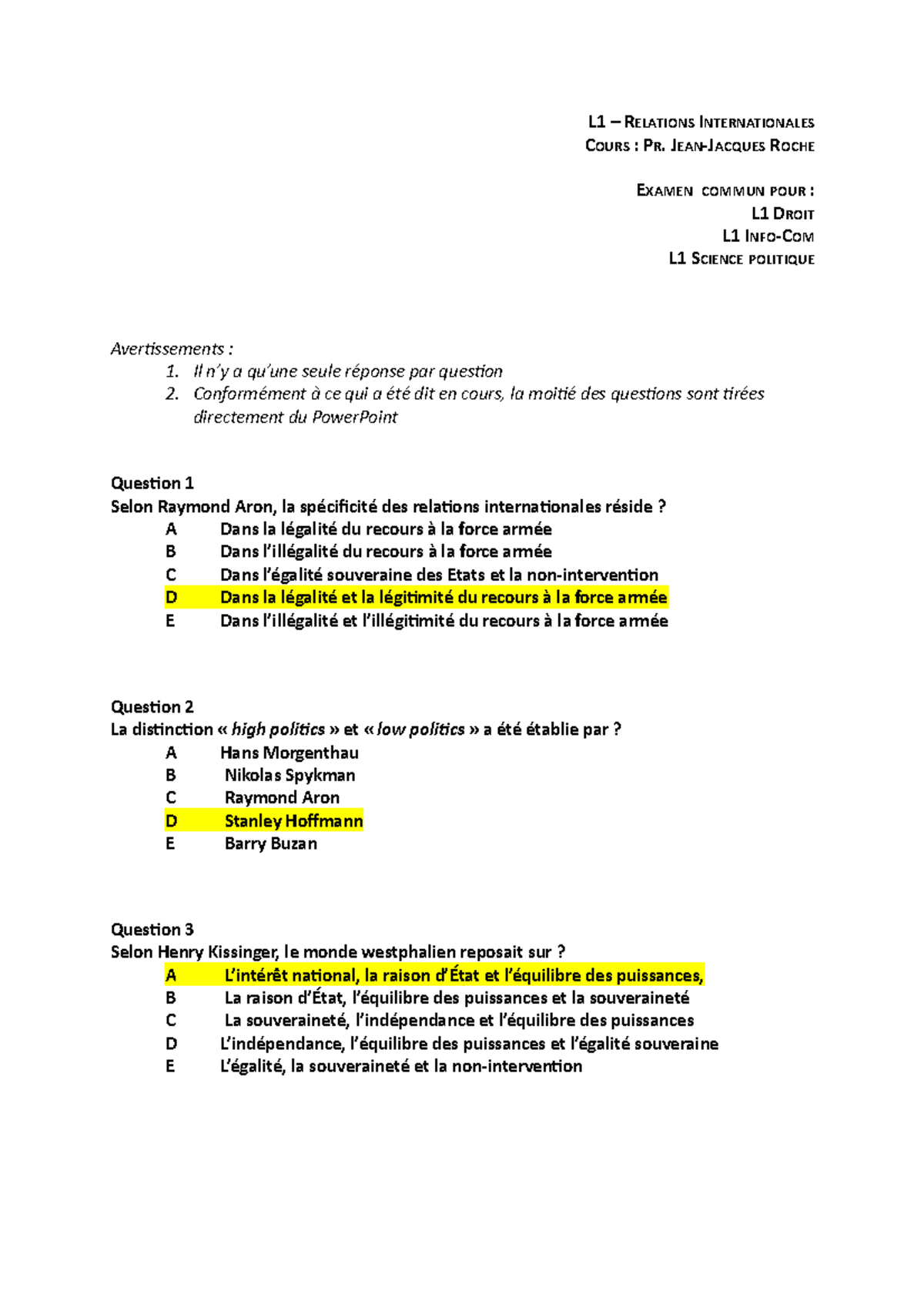 QCM L1 2014 Session 2 - Annales RI - L1 – RELATIONS INTERNATIONALES COURS : PR. JEAN-JACQUES ...