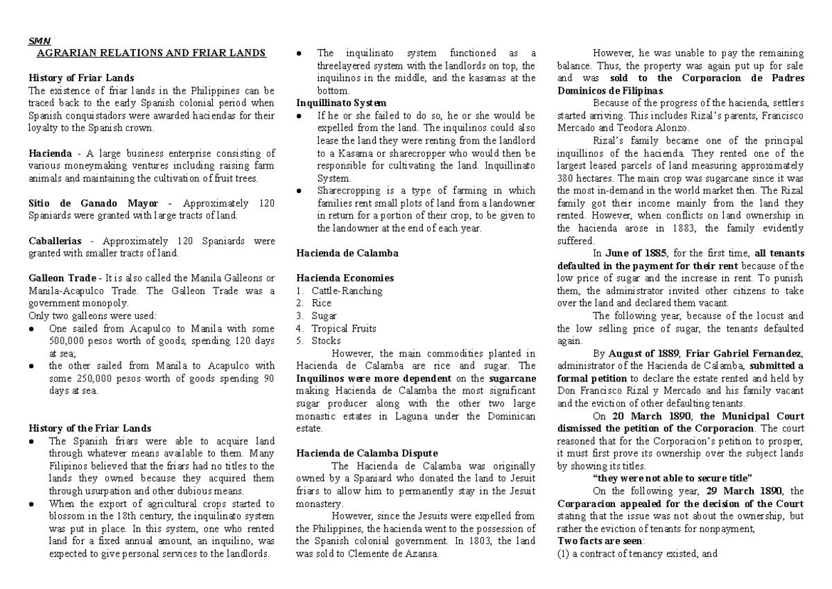 Agrarian Relations AND Friar Lands - SMN AGRARIAN RELATIONS AND FRIAR ...
