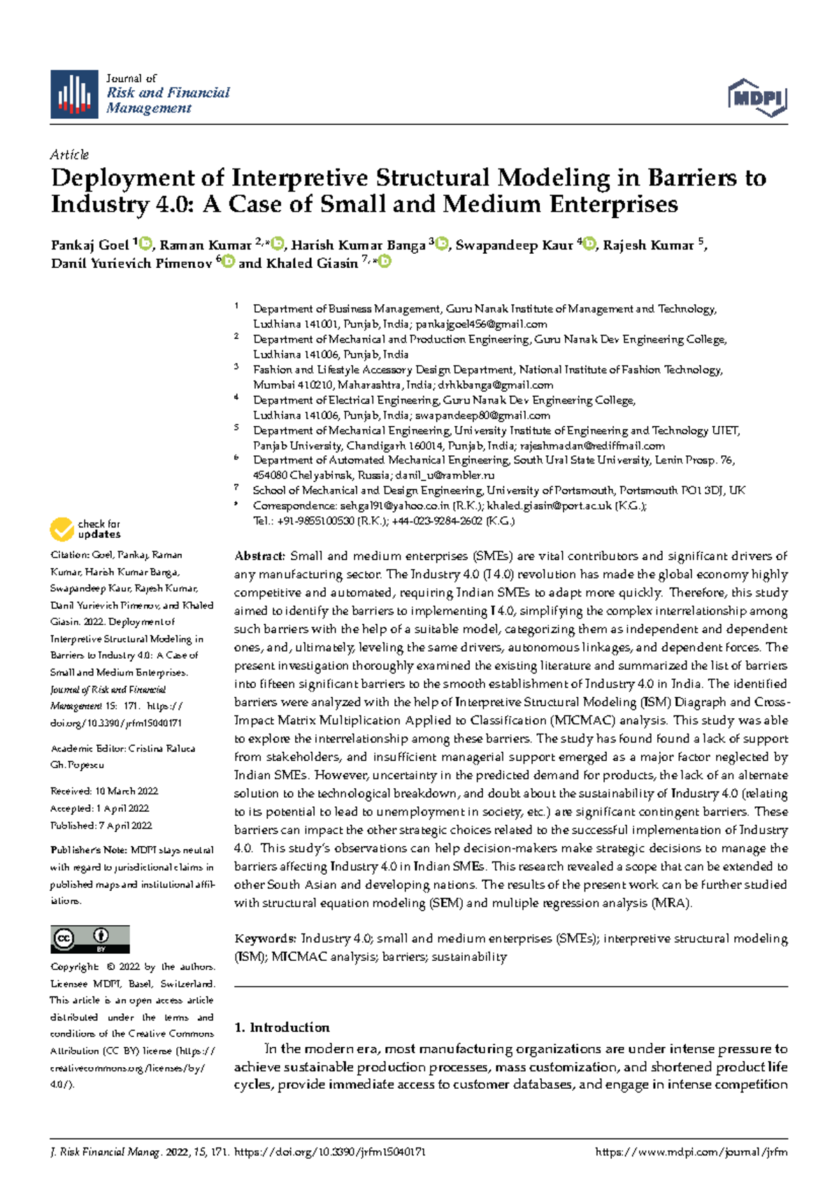 Jrfm-15-00171-v3 - ñlojgfx - Citation: Goel, Pankaj, Raman Kumar ...