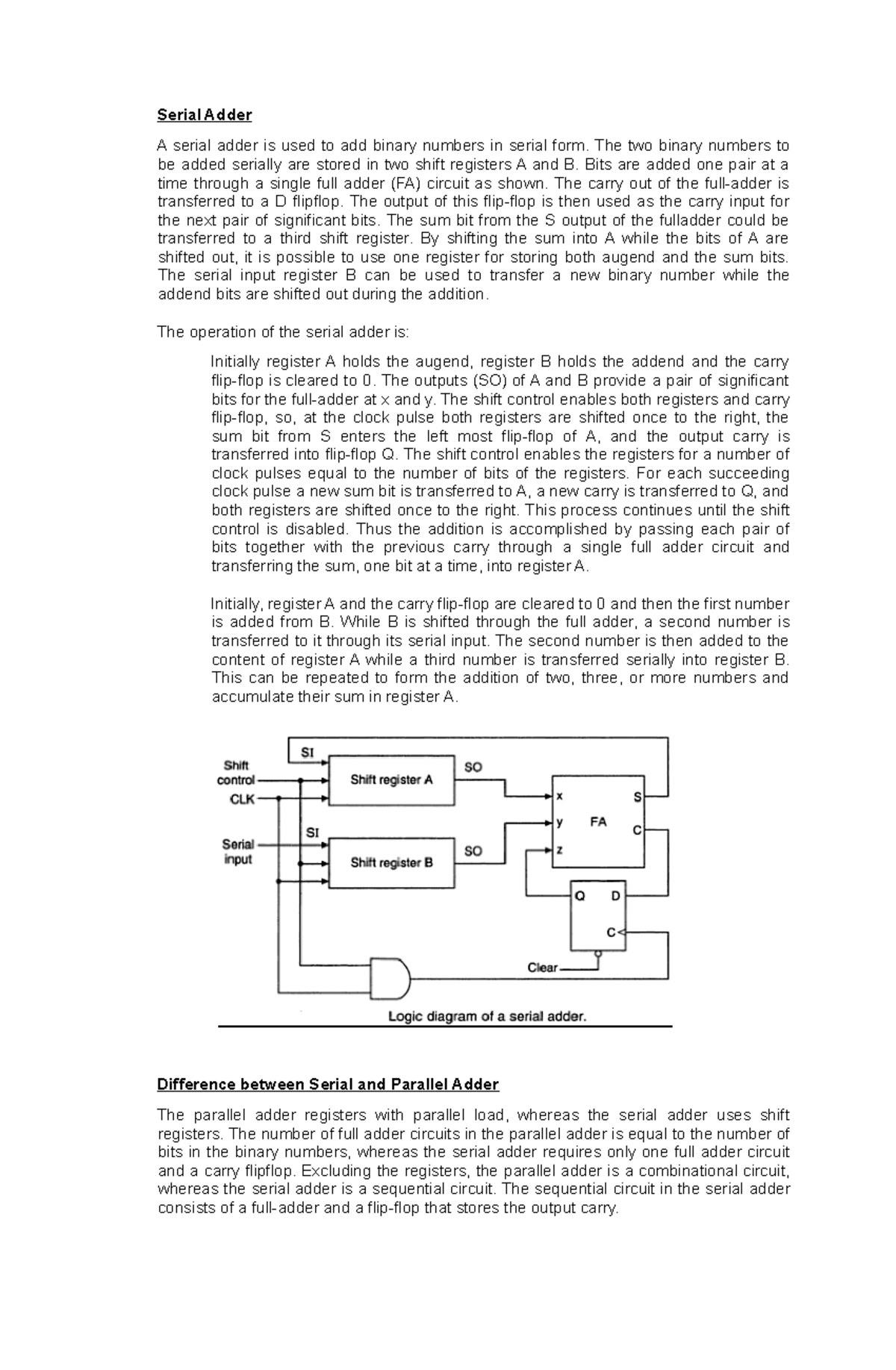 Module 5-Serial Adder - Serial Adder A serial adder is used to add ...