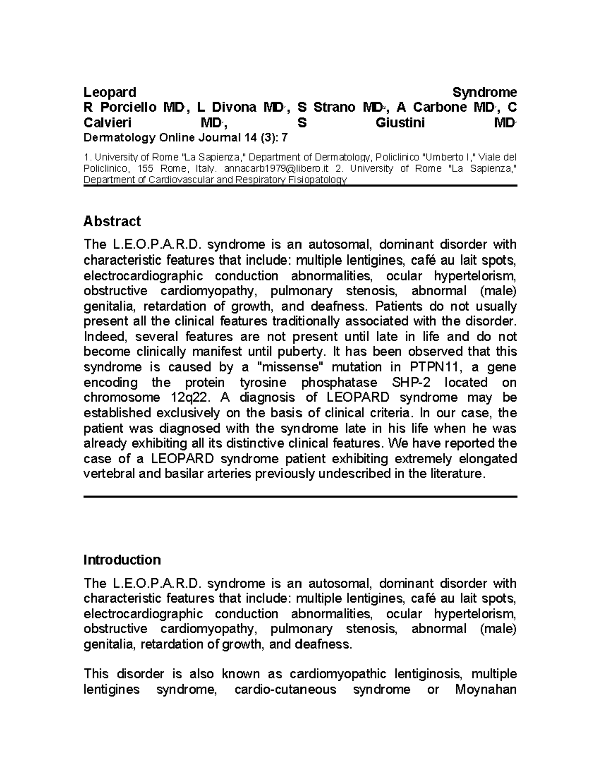 Leopard Syndrome - annacarb1979@libero 2. University of Rome "La ...