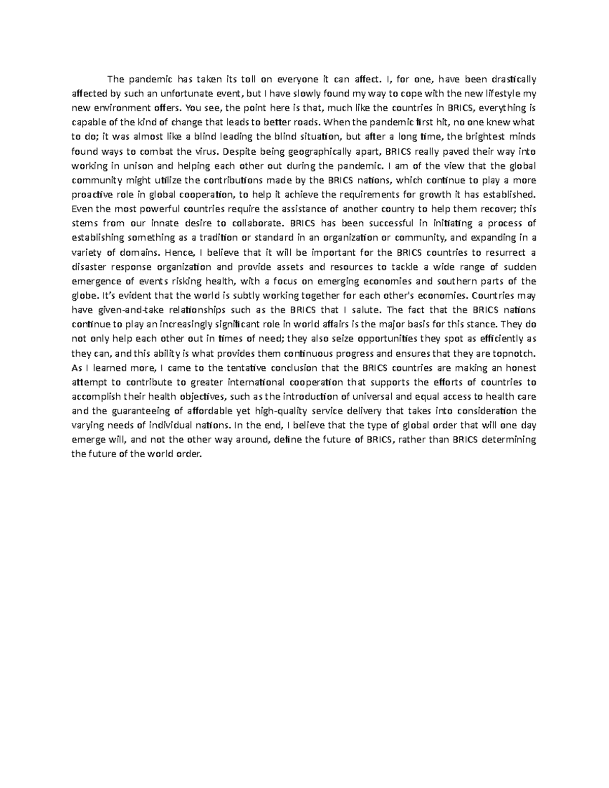Reflection Paper - NOT MY OWN DOCUMENT - The pandemic has taken its ...