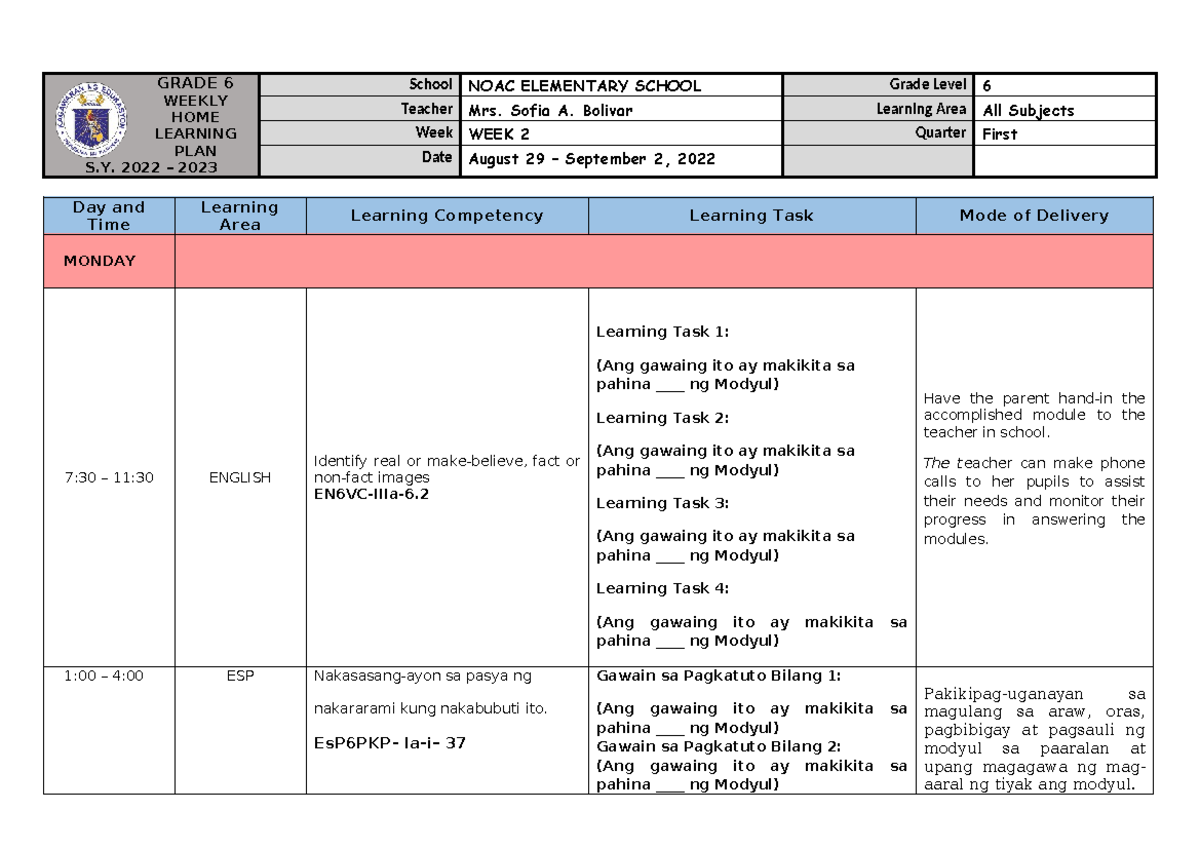 Week 2 Sofie - weekly learning plan - GRADE 6 WEEKLY HOME LEARNING PLAN ...
