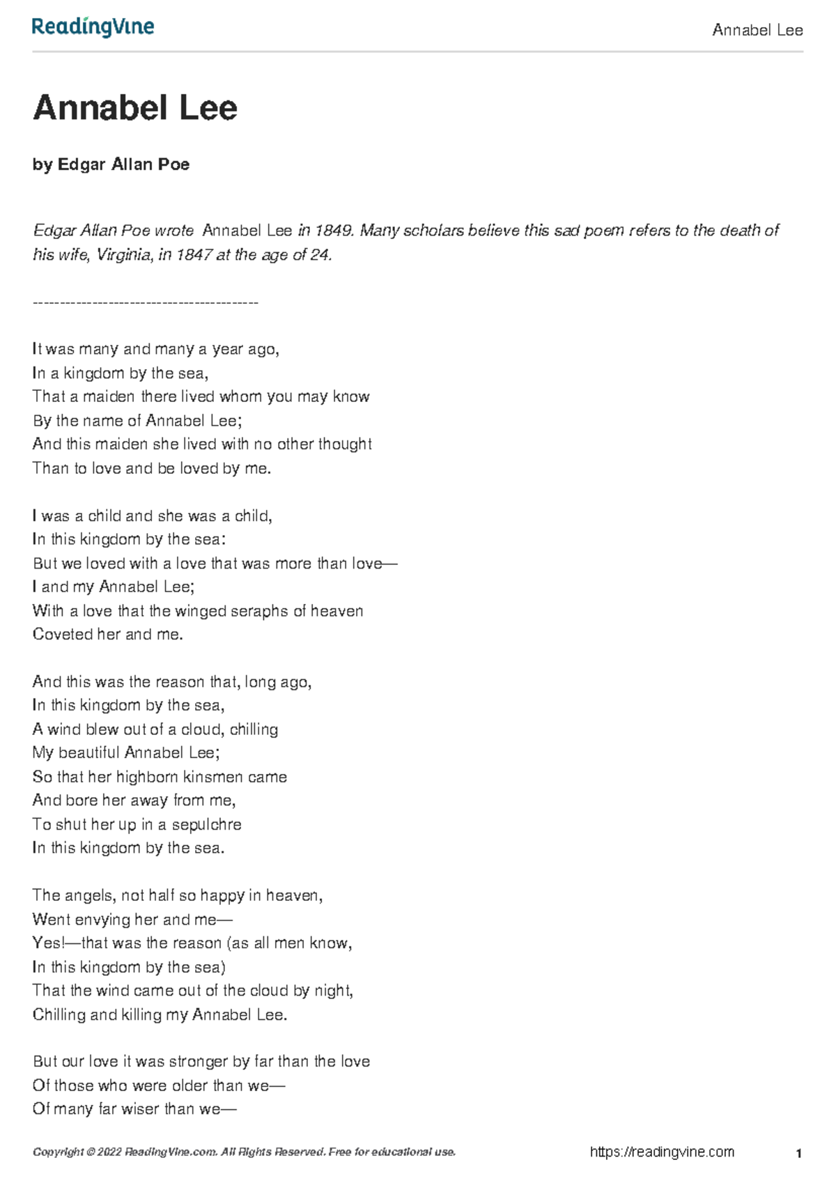 Jneviniecnid jcnwjcwnw - Annabel Lee by Edgar Allan Poe Edgar Allan Poe ...