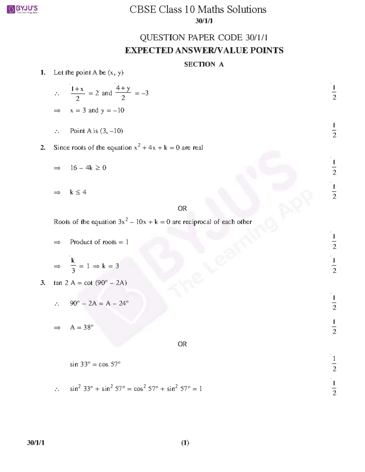 CBSE Class 10 Maths Solution PDF 2019 Set 1 - QUESTION PAPER CODE 30/1/ EXPECTED ANSWER/VALUE ...