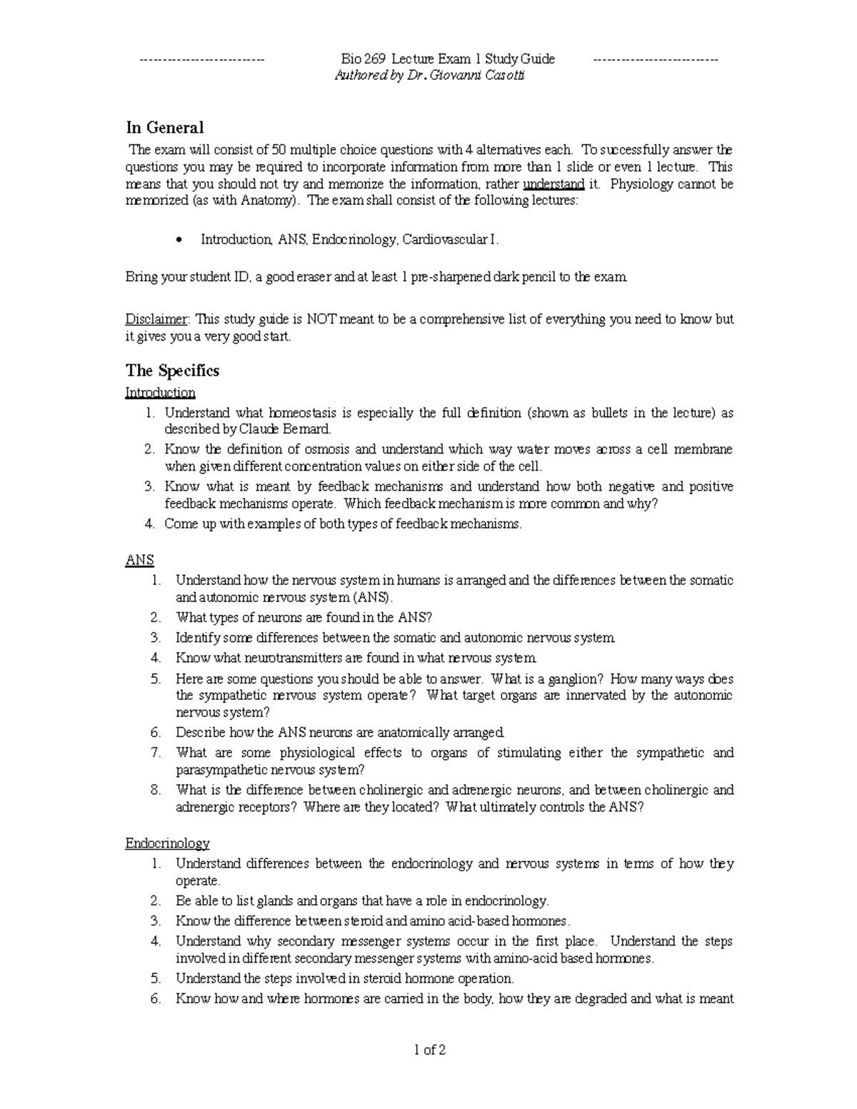 Lecture guide 1 - Fall 2022 - Bio 269 Lecture Exam 1 Study Guide ...