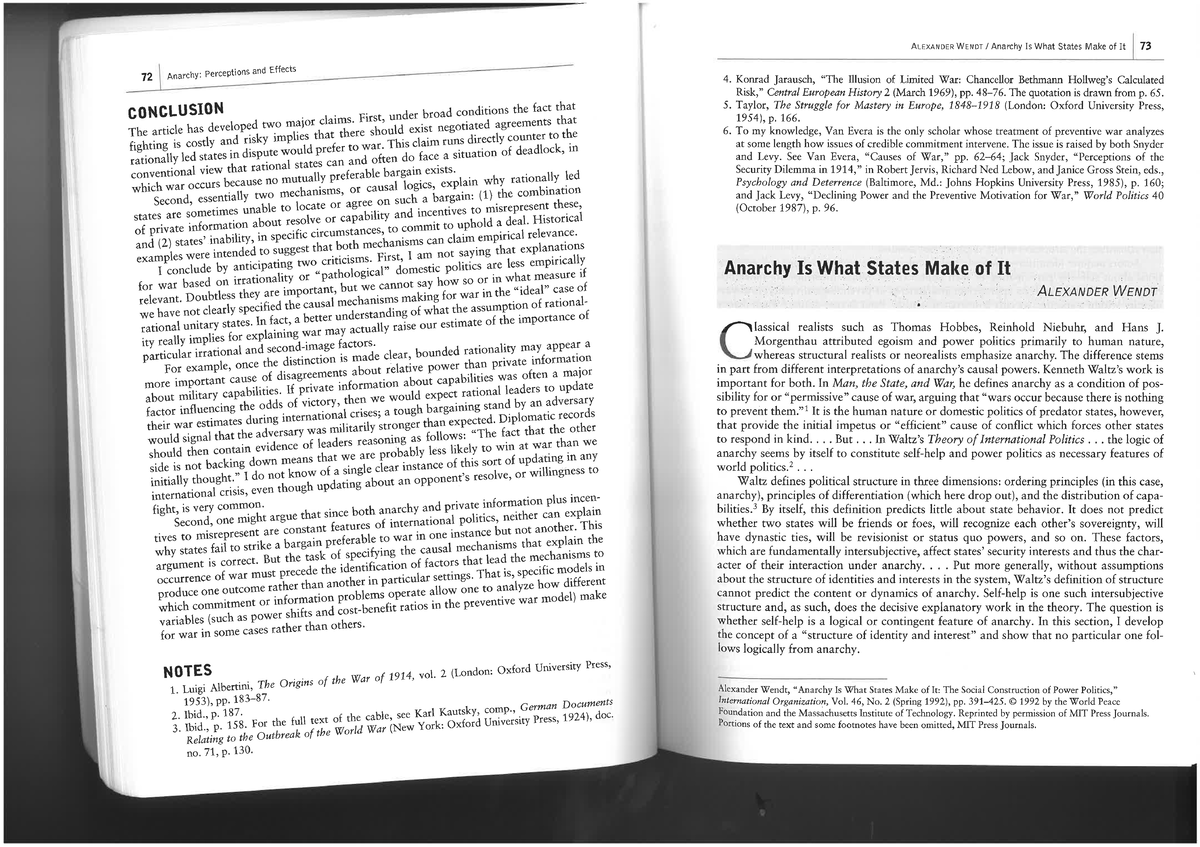 Wendt-Anarchy is what states make of it - Studocu