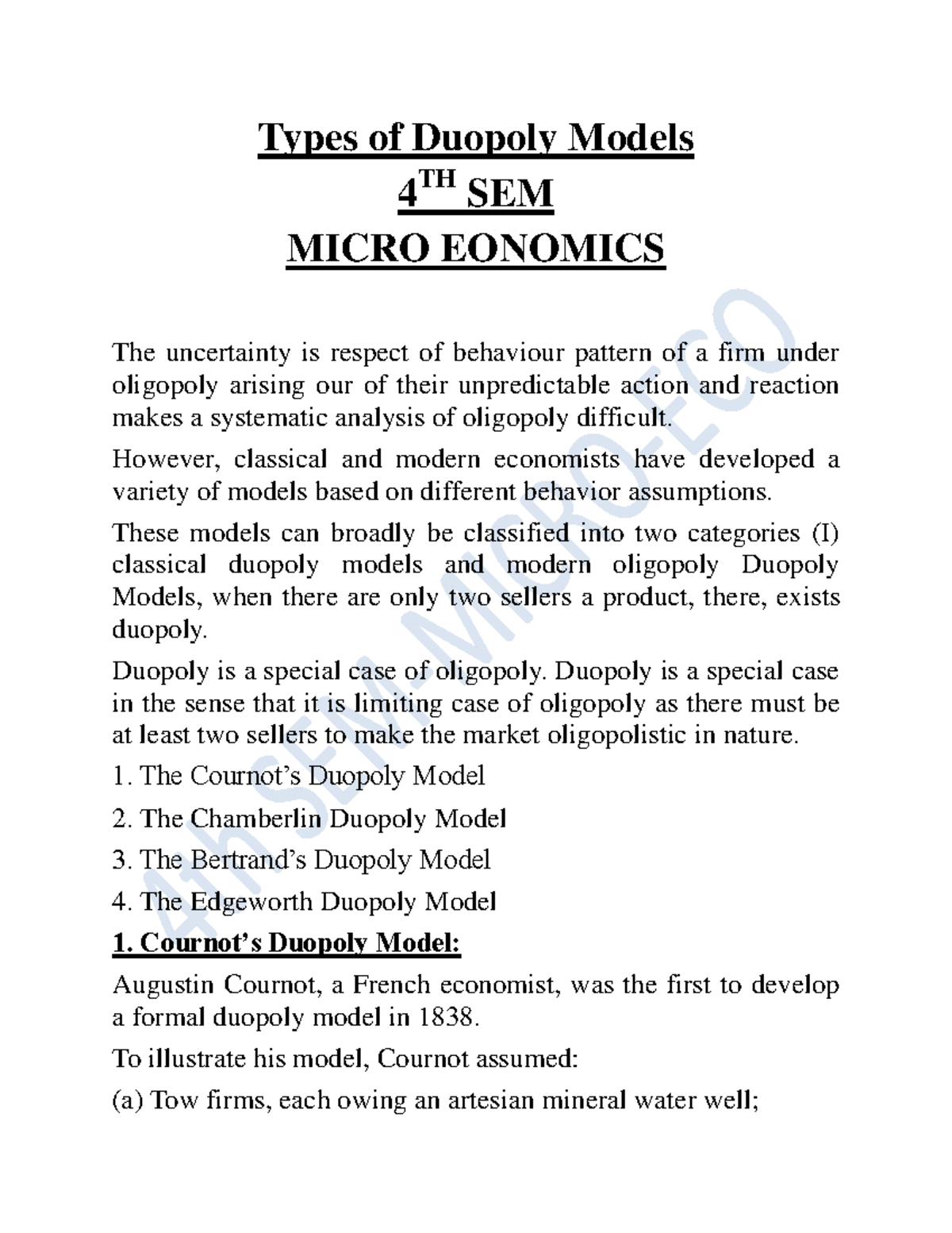 DM Micro - Basics - Types of Duopoly Models 4 TH SEM MICRO EONOMICS The ...