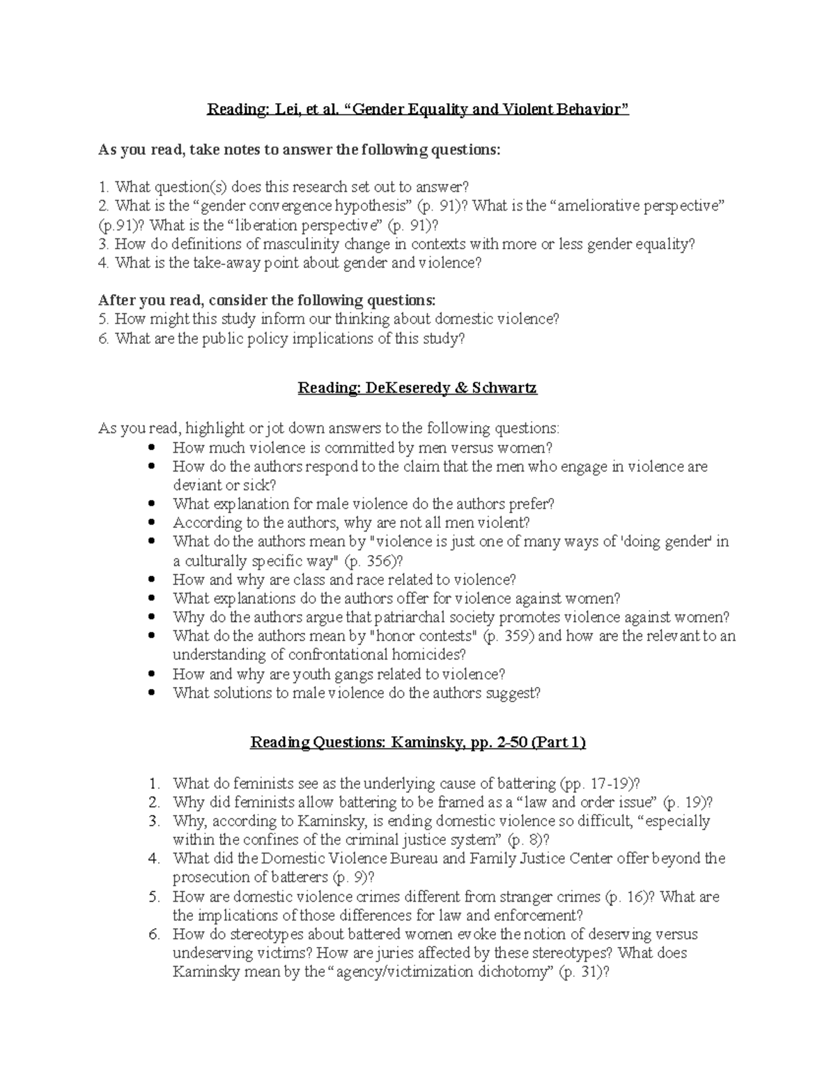 Unit 2 Questions - Reading: Lei, et al. “Gender Equality and Violent ...