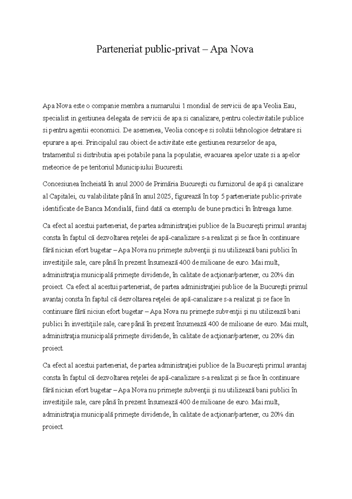 Apa Nova................. - Parteneriat public-privat – Apa Nova Apa ...
