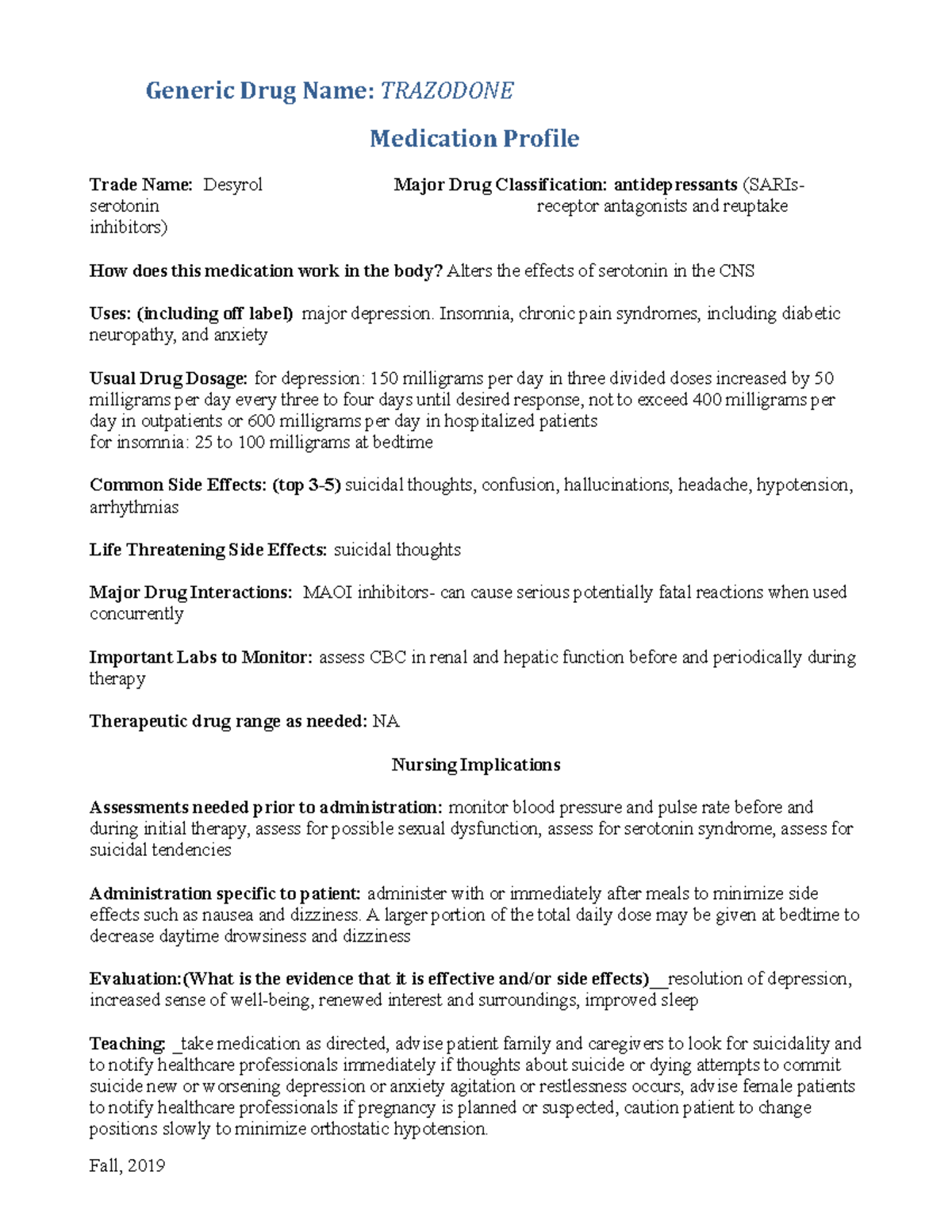 Medication Profile sheet- Trazodone - Generic Drug Name: TRAZODONE ...