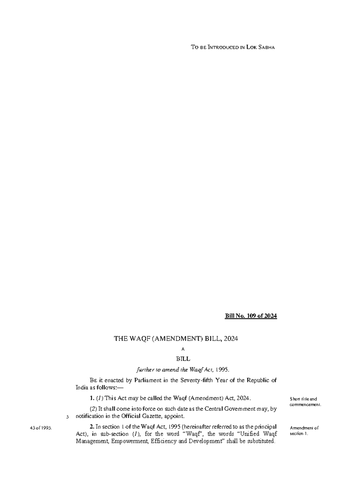 The waqf amendment bill 2024 554303 - 43 of 1995. TO BE INTRODUCED IN ...