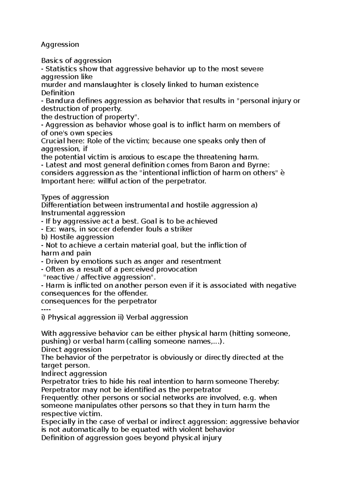 Aggression - Lecture notes 1 - Aggression Basics of aggression ...