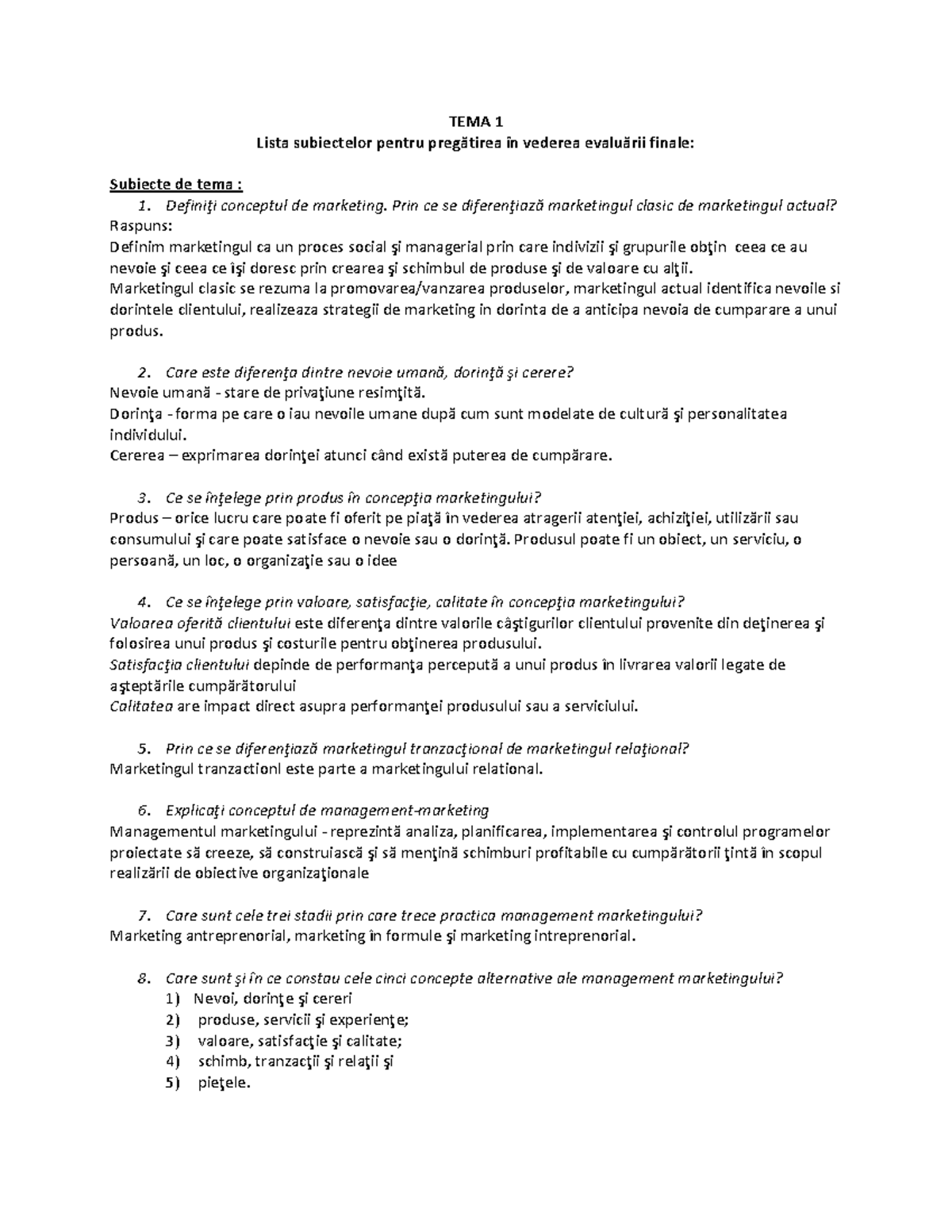 Teste Marketing An1Sem1 - TEMA 1 Lista subiectelor pentru pregătirea în ...