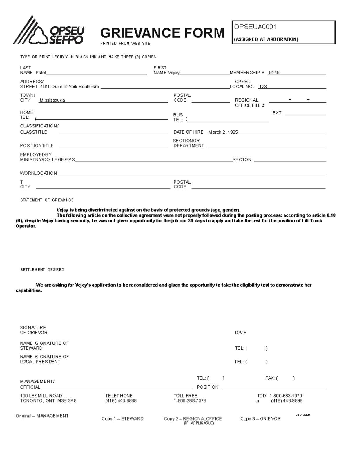 Grievence Simulation Grievance Form sample - GRIEVANCE FORM PRINTED ...
