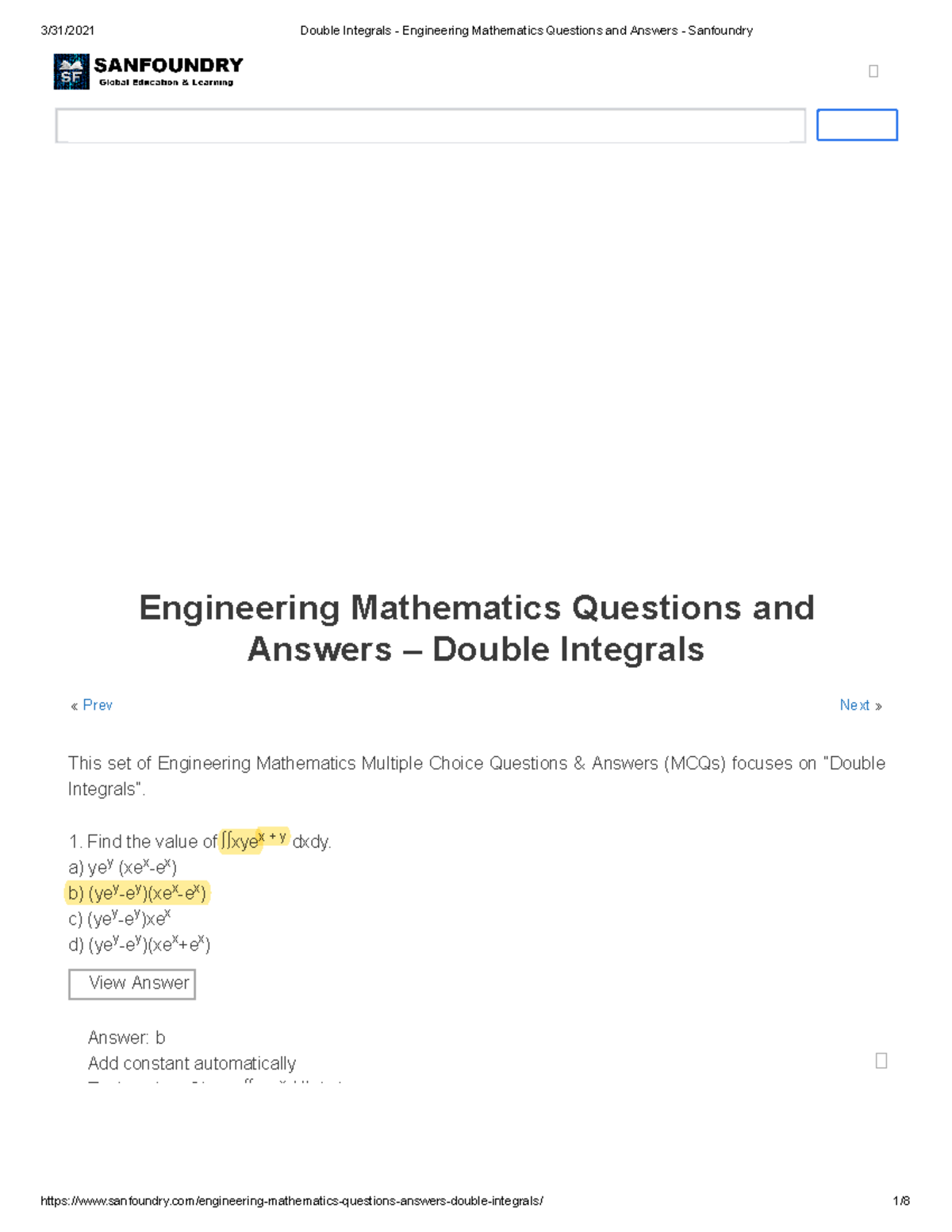 Double Integrals - Engineering Mathematics Questions and Answers - Sanfoundry - « Prev Next ...