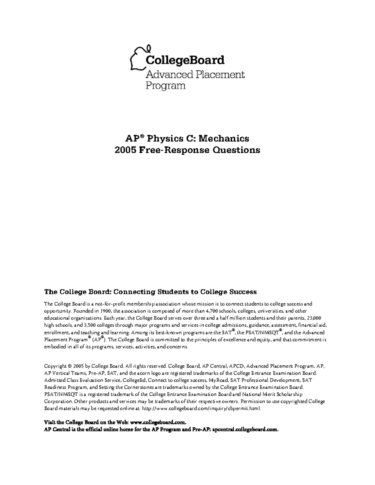 Ap05 frq physics c m 45648 - AP ® Physics C: Mechanics 2005 Free ...