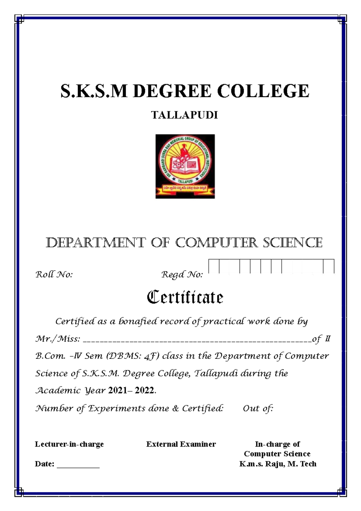 DBMS-LAB - Record-2022 - S.K.S DEGREE COLLEGE TALLAPUDI Department of ...