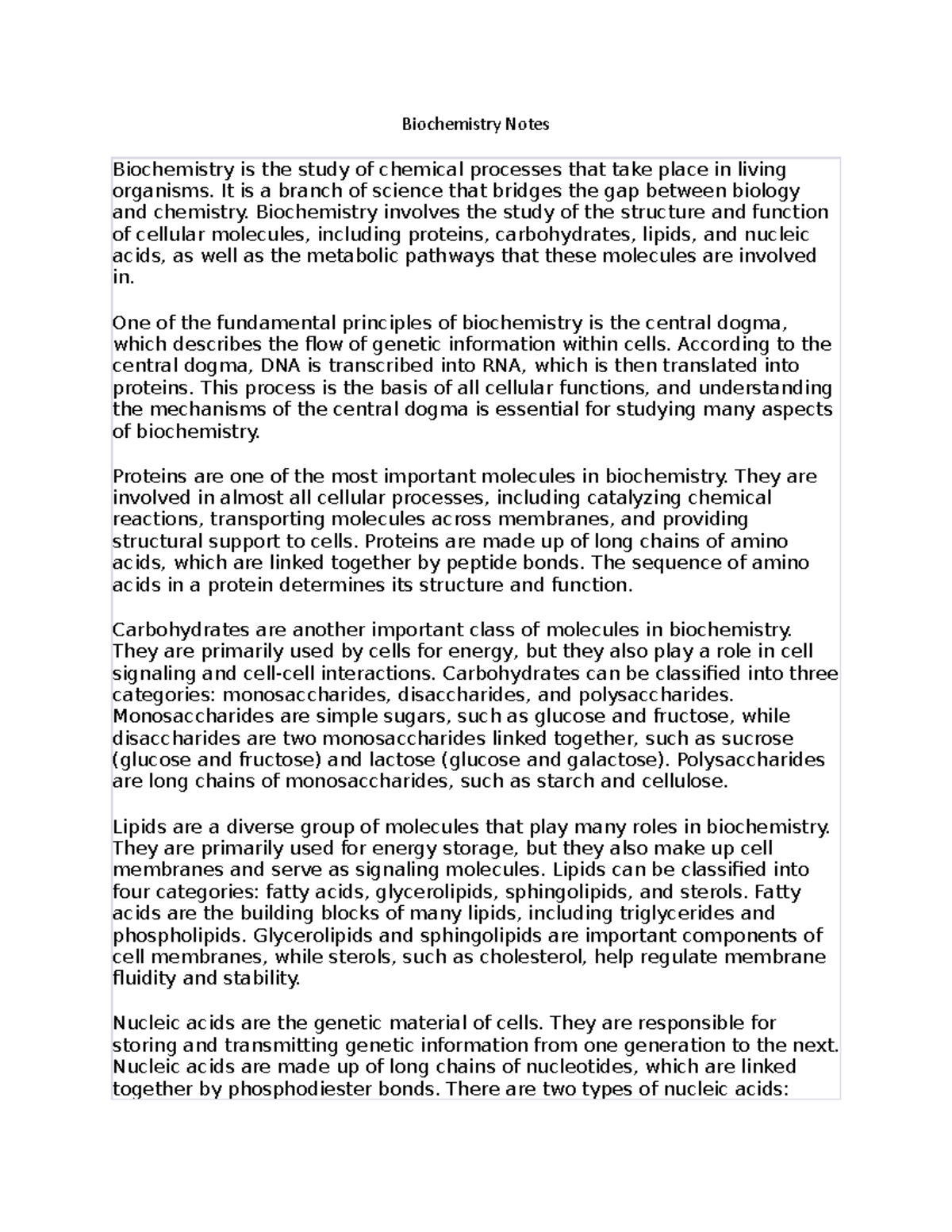 Biochemistry Notes - Biochemistry Notes Biochemistry is the study of ...