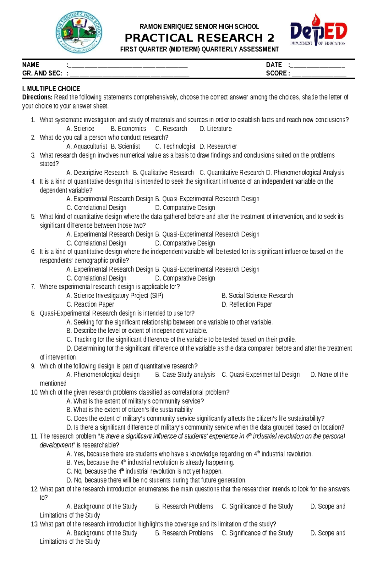 PR2 Midterm EXAM - PRACTICAL RESEARCH - RAMON ENRIQUEZ SENIOR HIGH ...
