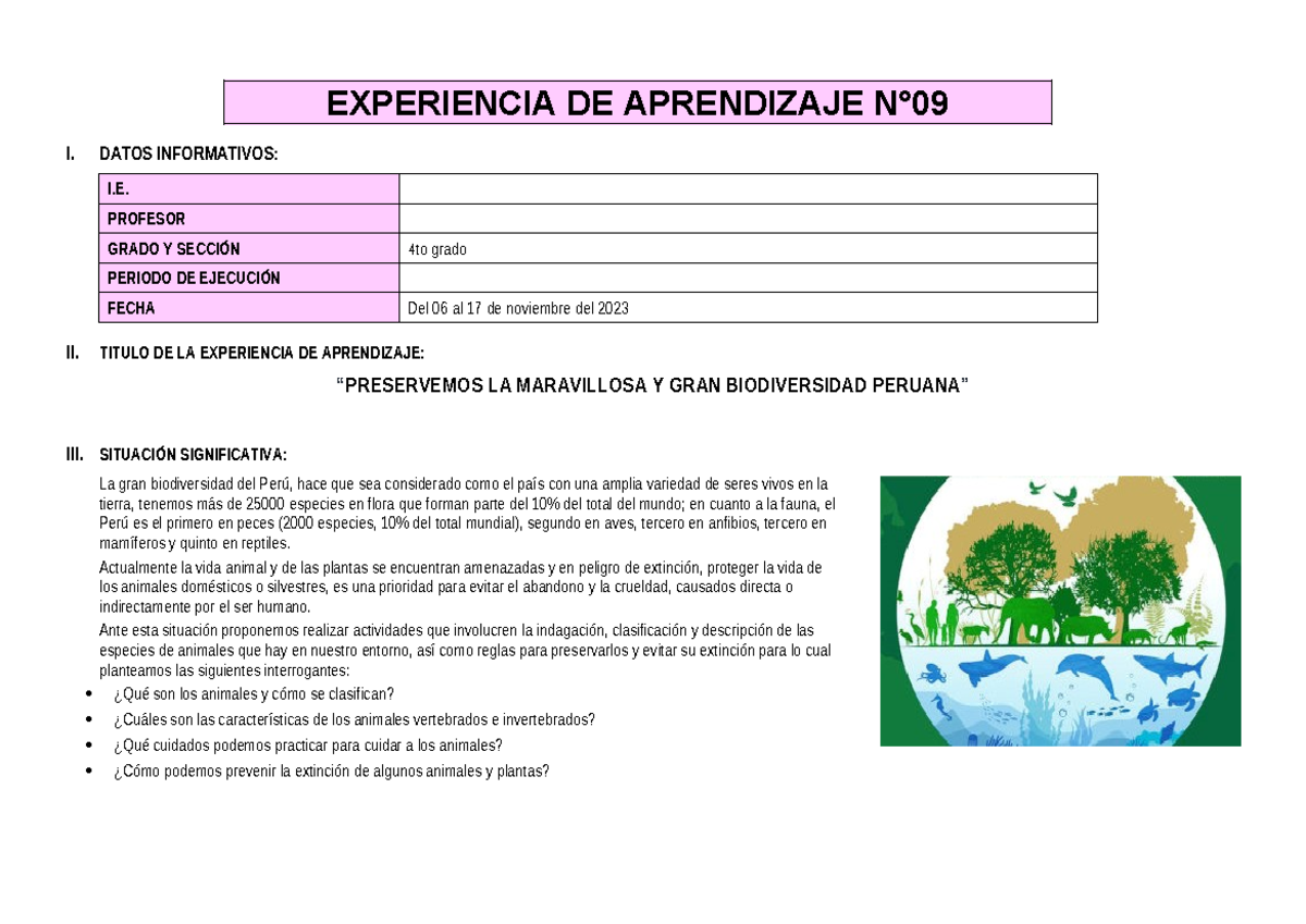 4° Grado - Experiencia DE Aprendizaje N°09 del 6 al 17 de noviembre - EXPERIENCIA DE APRENDIZAJE ...