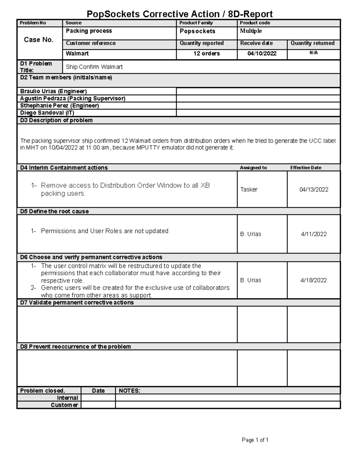 8D's Ship Confirm Walmart - PopSockets Corrective Action / 8D-Report ...