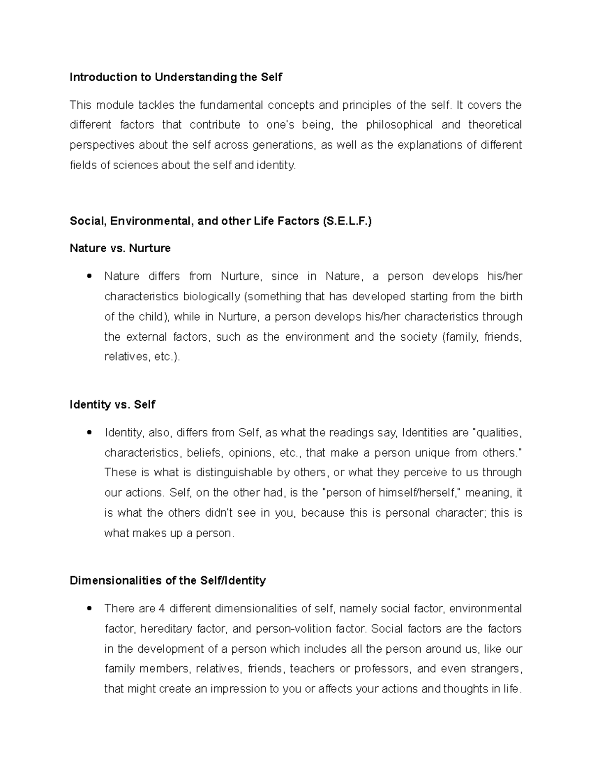 Introduction to Understanding the Self - It covers the different ...