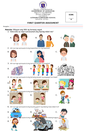 Q1 First Assesment - kindergarten exam - Republic of the Philippines Department of Education ...