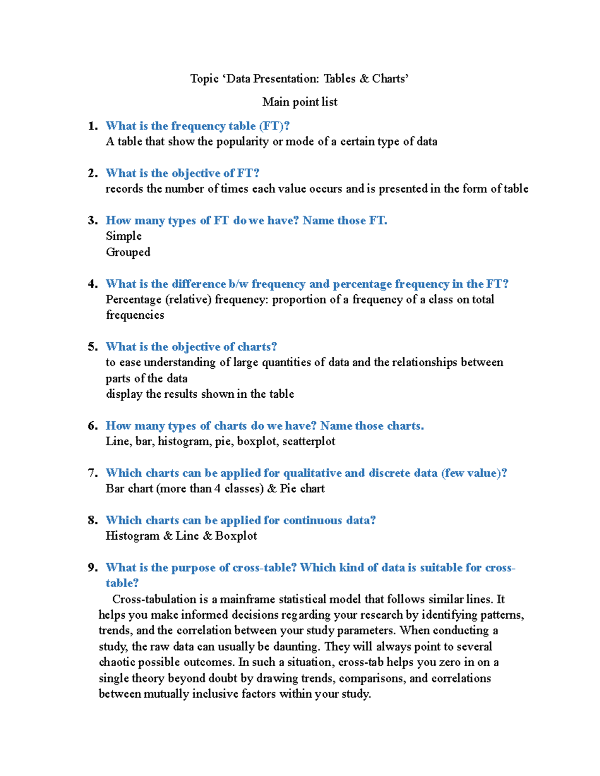 Main point list lec2 - Topic ‘Data Presentation: Tables & Charts’ Main ...
