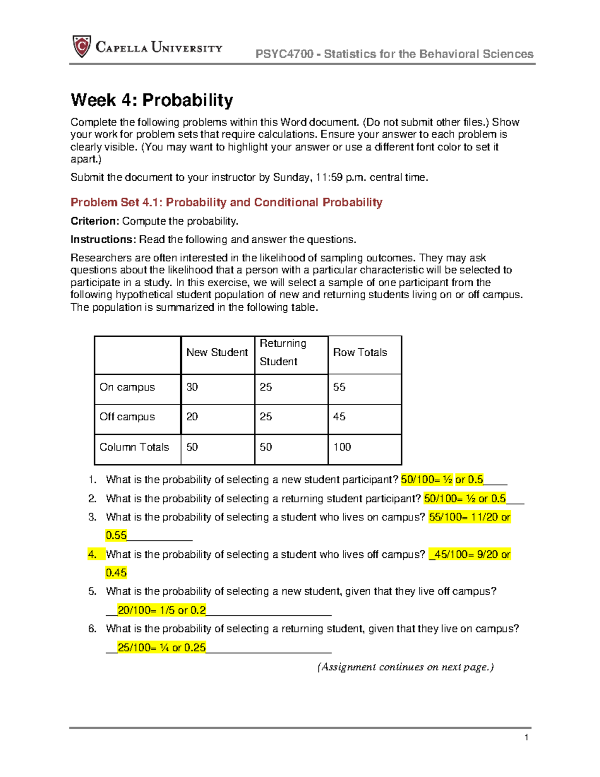 Cf u04a1 probability - answers included - Week 4: Probability Complete the following problems ...