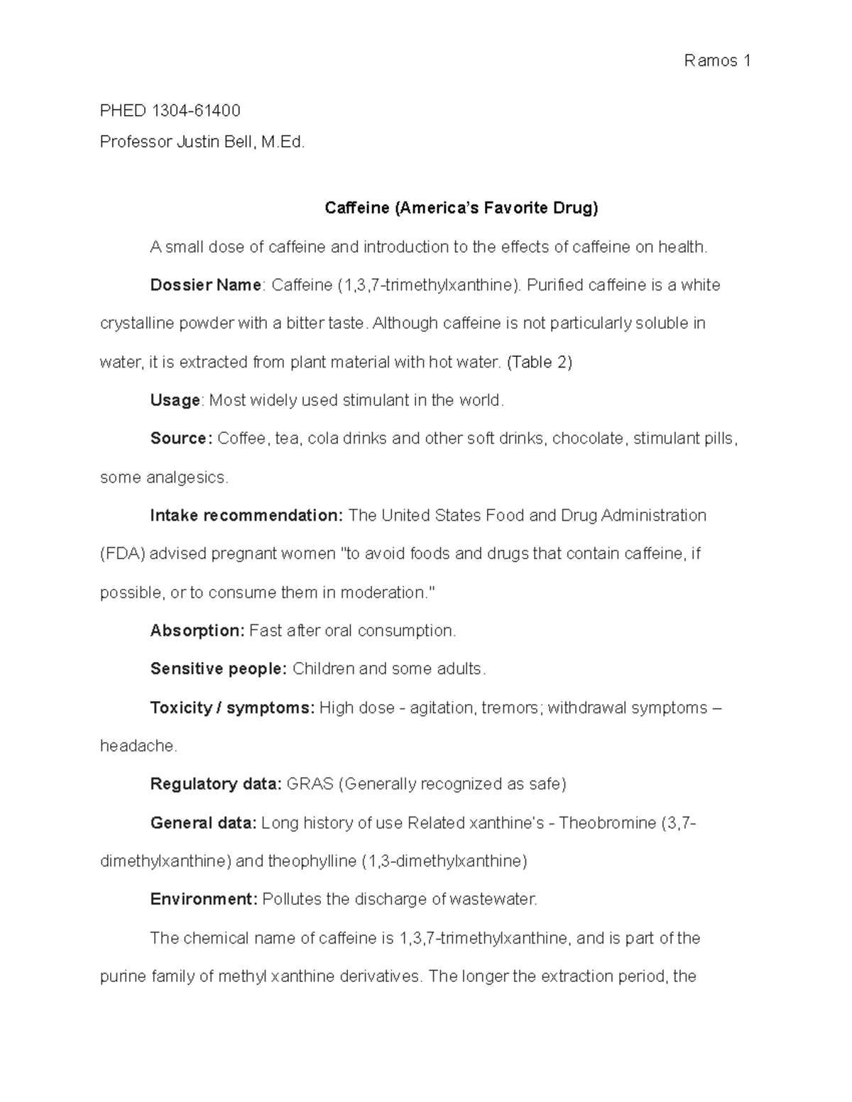 PHED Research paper - Grade: A - PHED 1304- Professor Justin Bell, M ...
