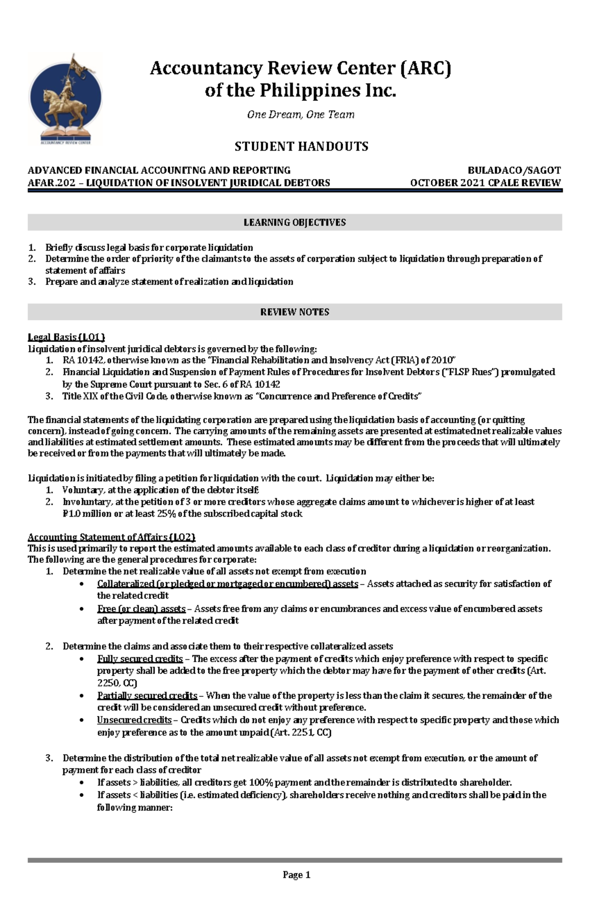 AFAR102 AFAR 202 Corporate Liquidation - Page 1 STUDENT HANDOUTS ...