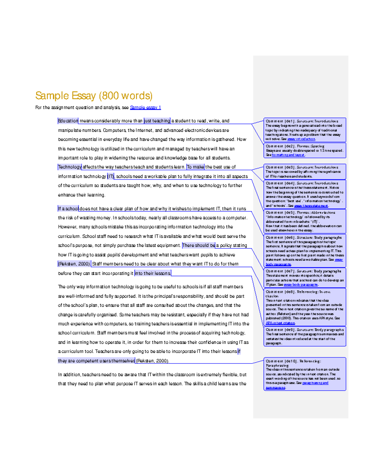Sample Academic Essay Format - Sample Essay (800 words) For the ...