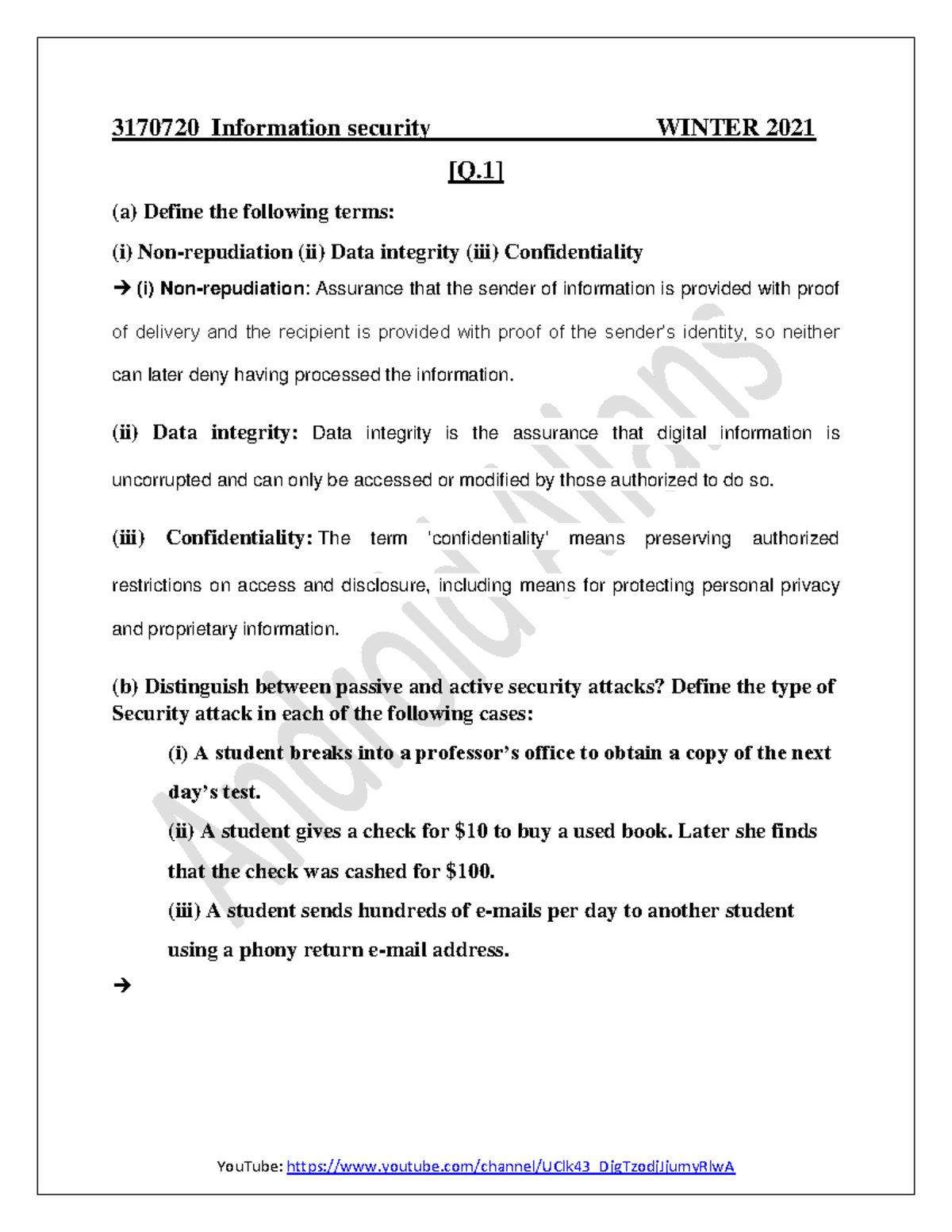 IS - Winter 2021 solution - 3170720 Information security WINTER 2021 [Q] (a) Define the ...