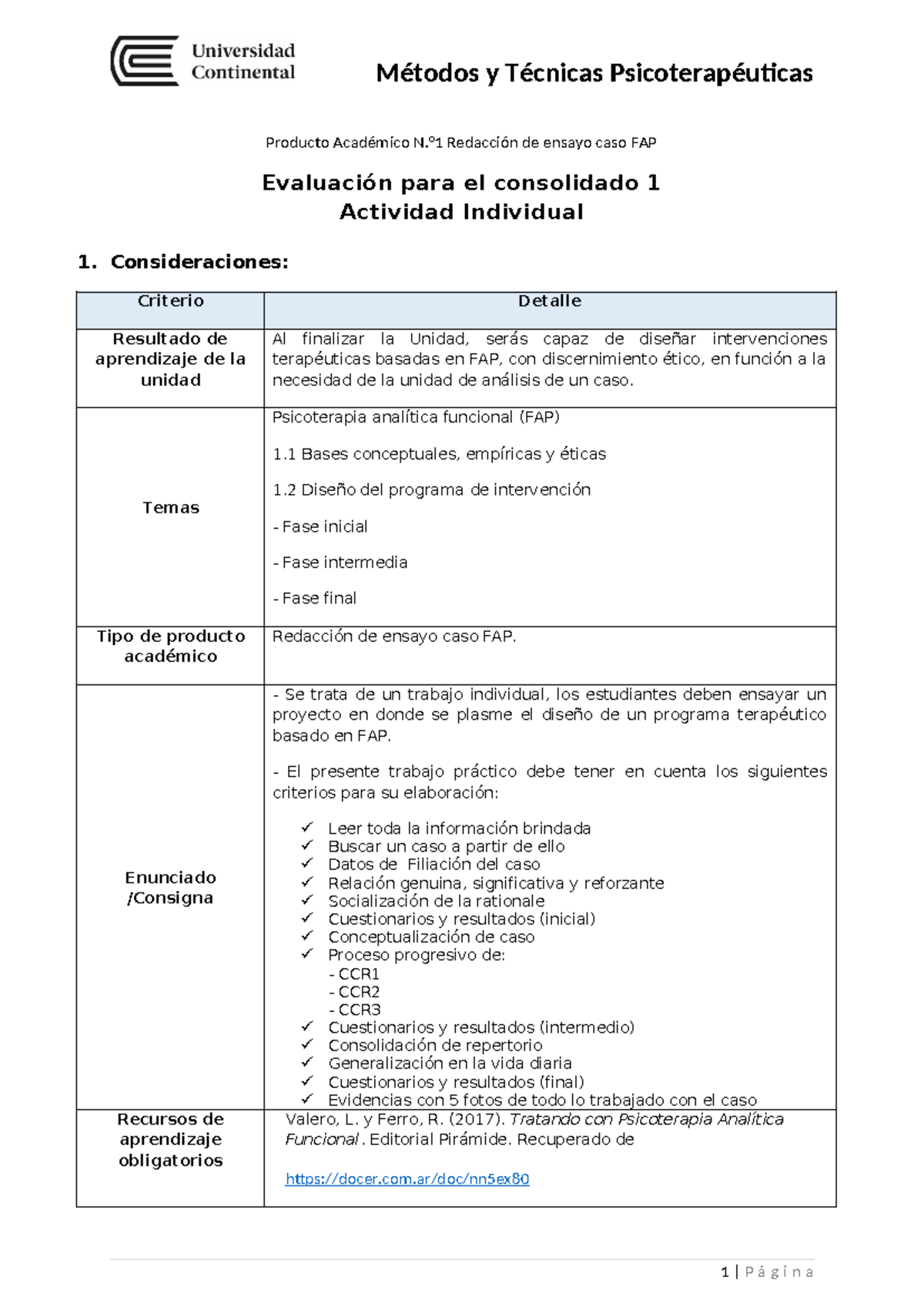 PA01 Metodos y técnicas - Producto Académico N.°1 Redacción de ensayo caso FAP Evaluación para ...