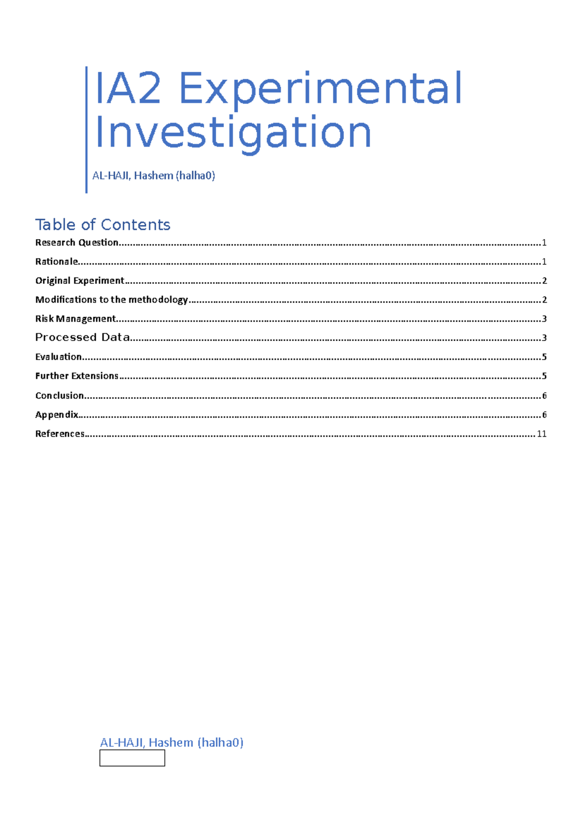 2023 Chemistry IA2 - 17/20 - Table of Contents Research - Studocu