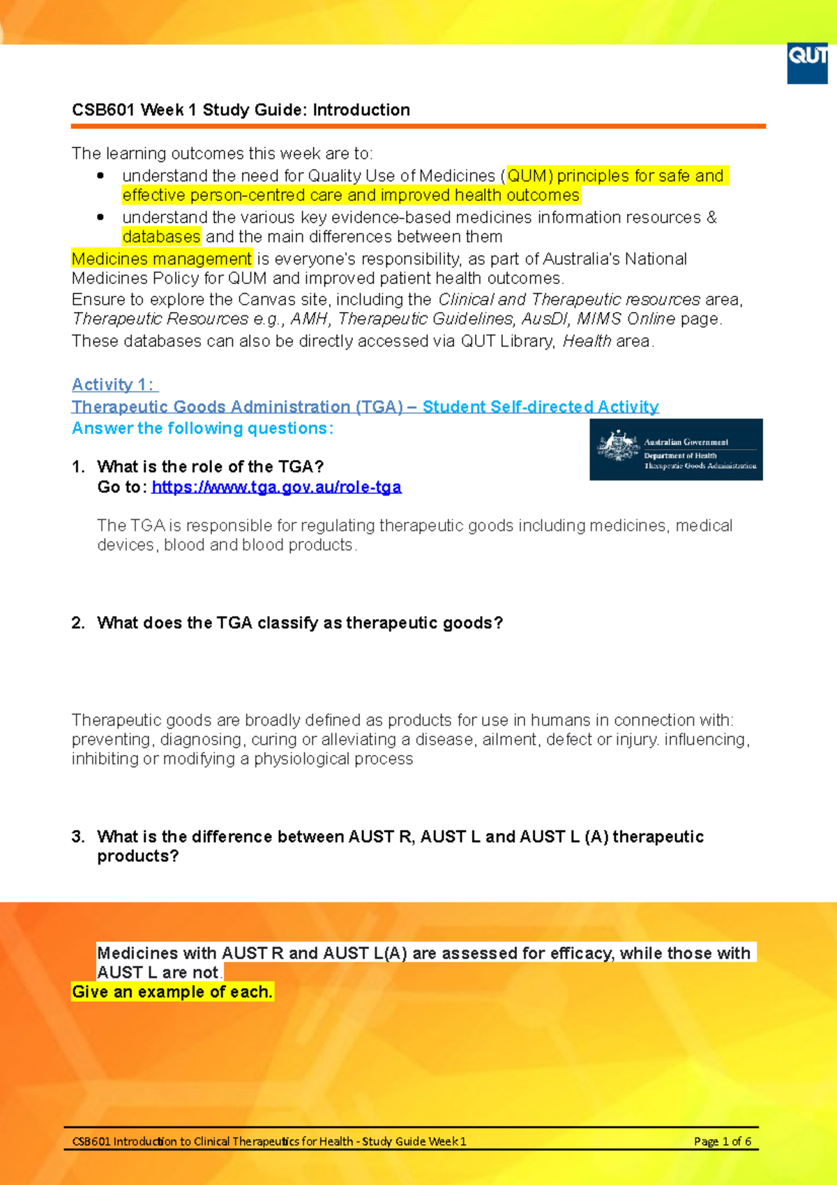 CSB601 Study Guide Week 1 Introduction Evidence based resources 2023s1 - csb601 - UQ - Studocu