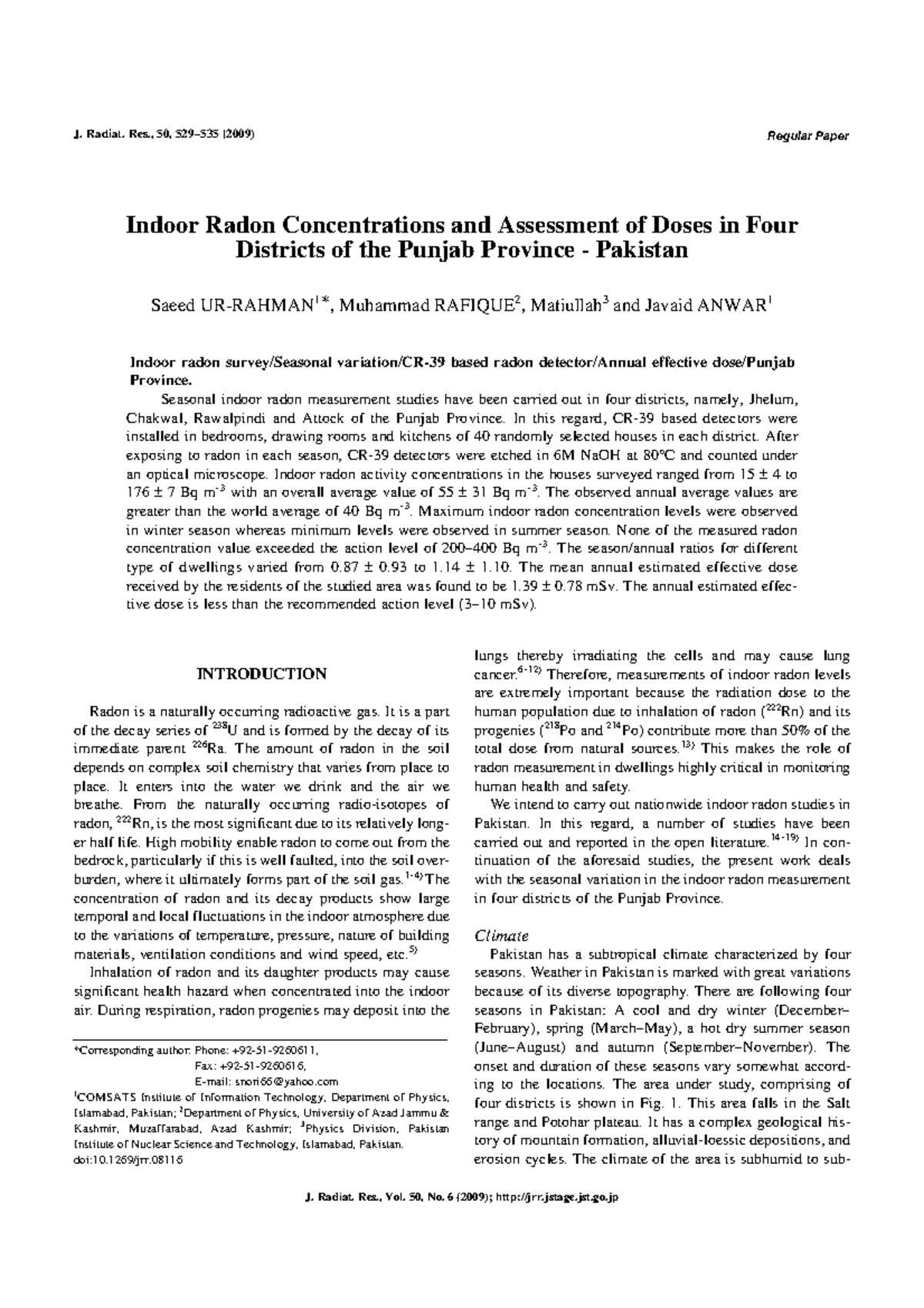 Indoor Radon Concentrations and Assessme - J. Radiat. Res., 50, 529–535 ...