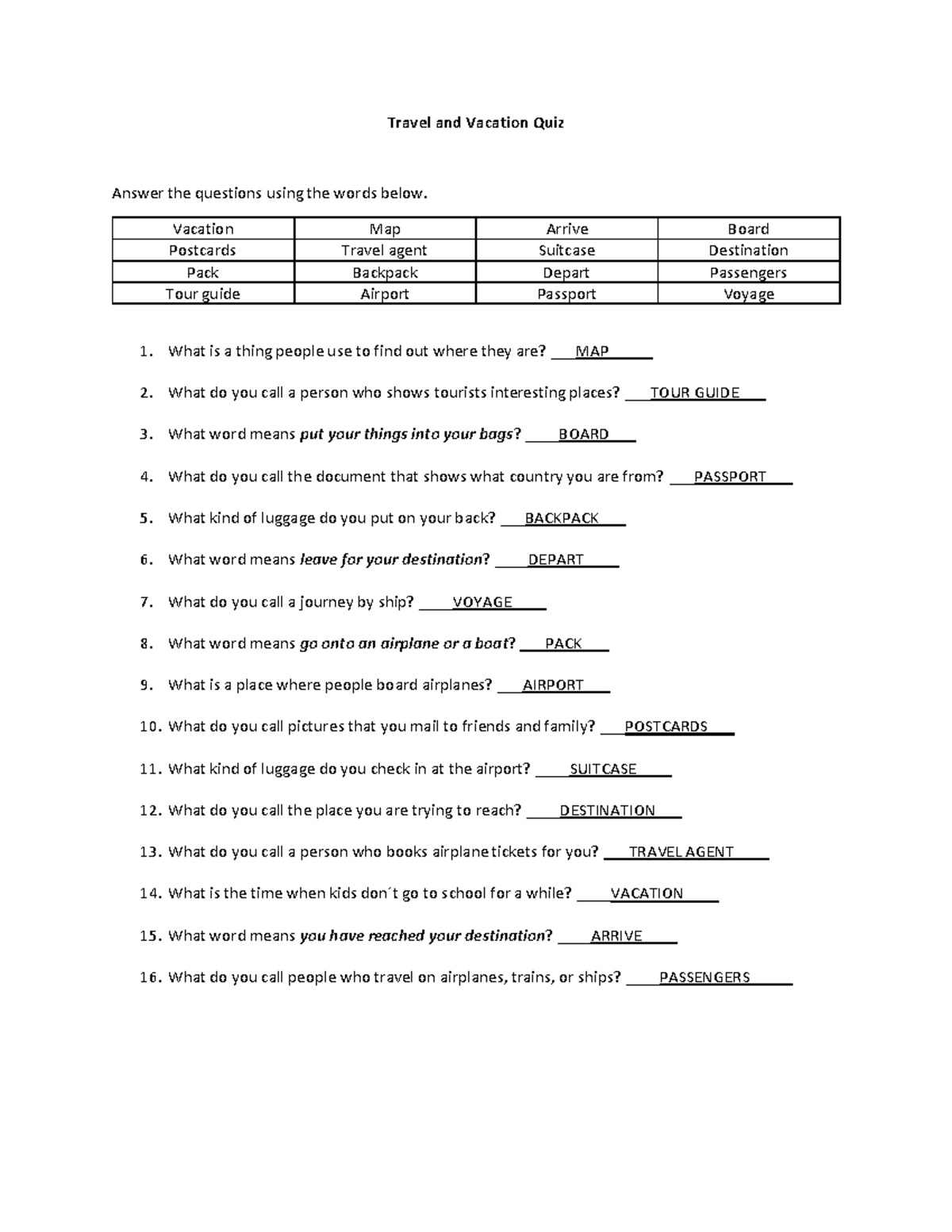 Rivas Ana Travel and Vacation Quiz Worksheet - Travel and Vacation Quiz ...