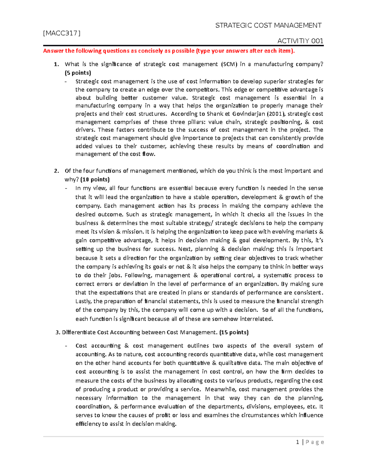 Strategic COST Management [MACC 317] Activity - STRATEGIC COST ...