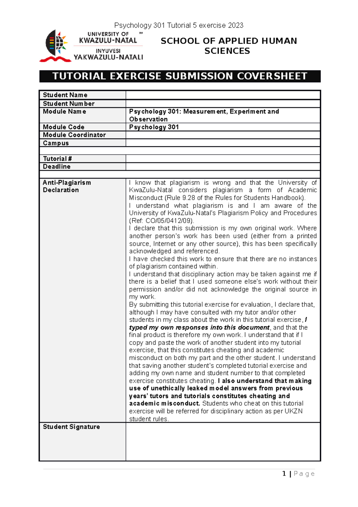 Psych 301 23 Tut 5 exercise - SCHOOL OF APPLIED HUMAN SCIENCES TUTORIAL EXERCISE SUBMISSION ...